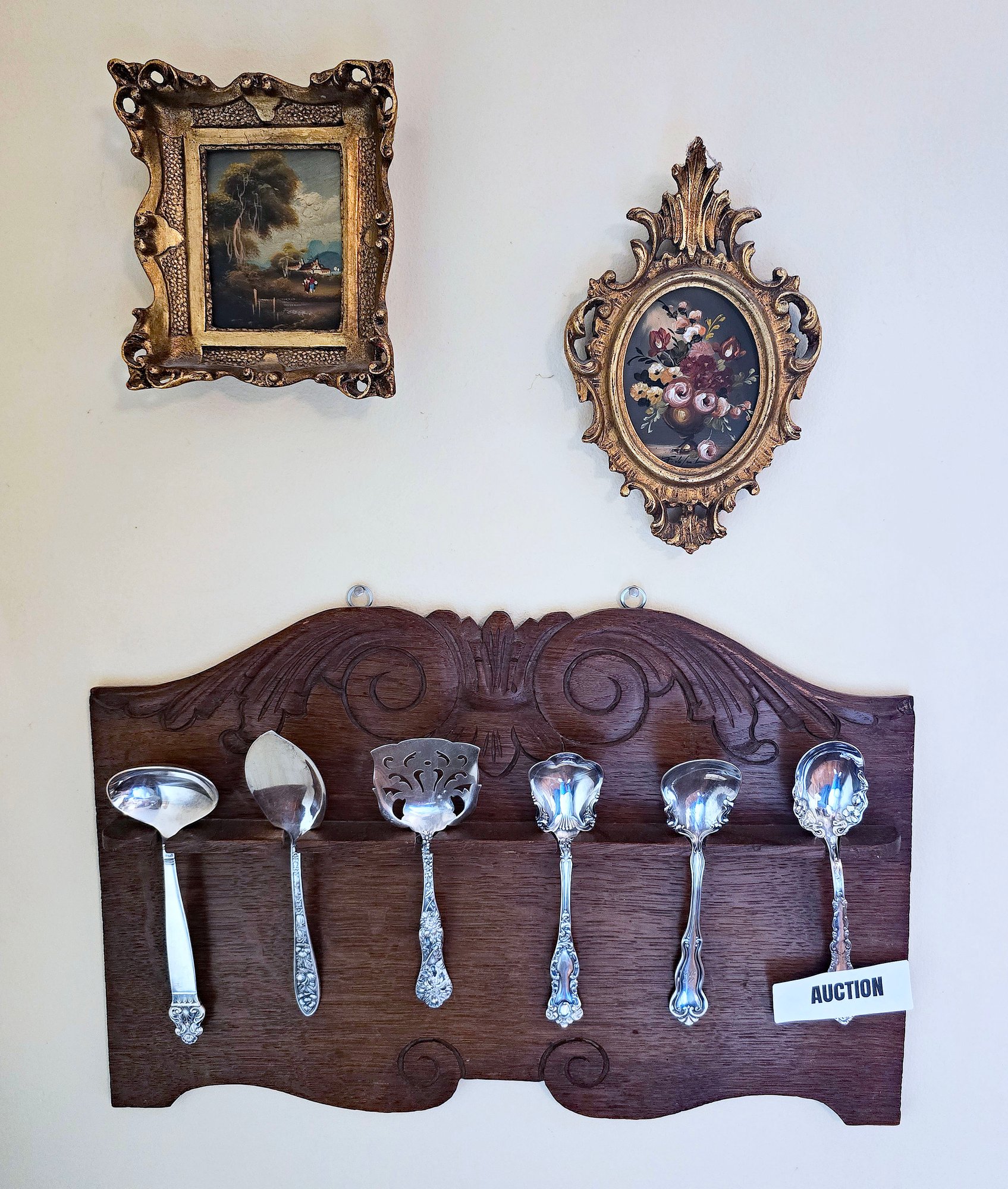 Wall Decor Lot: Wood Spoon Rack With Spoons & Two Miniature Oil ...