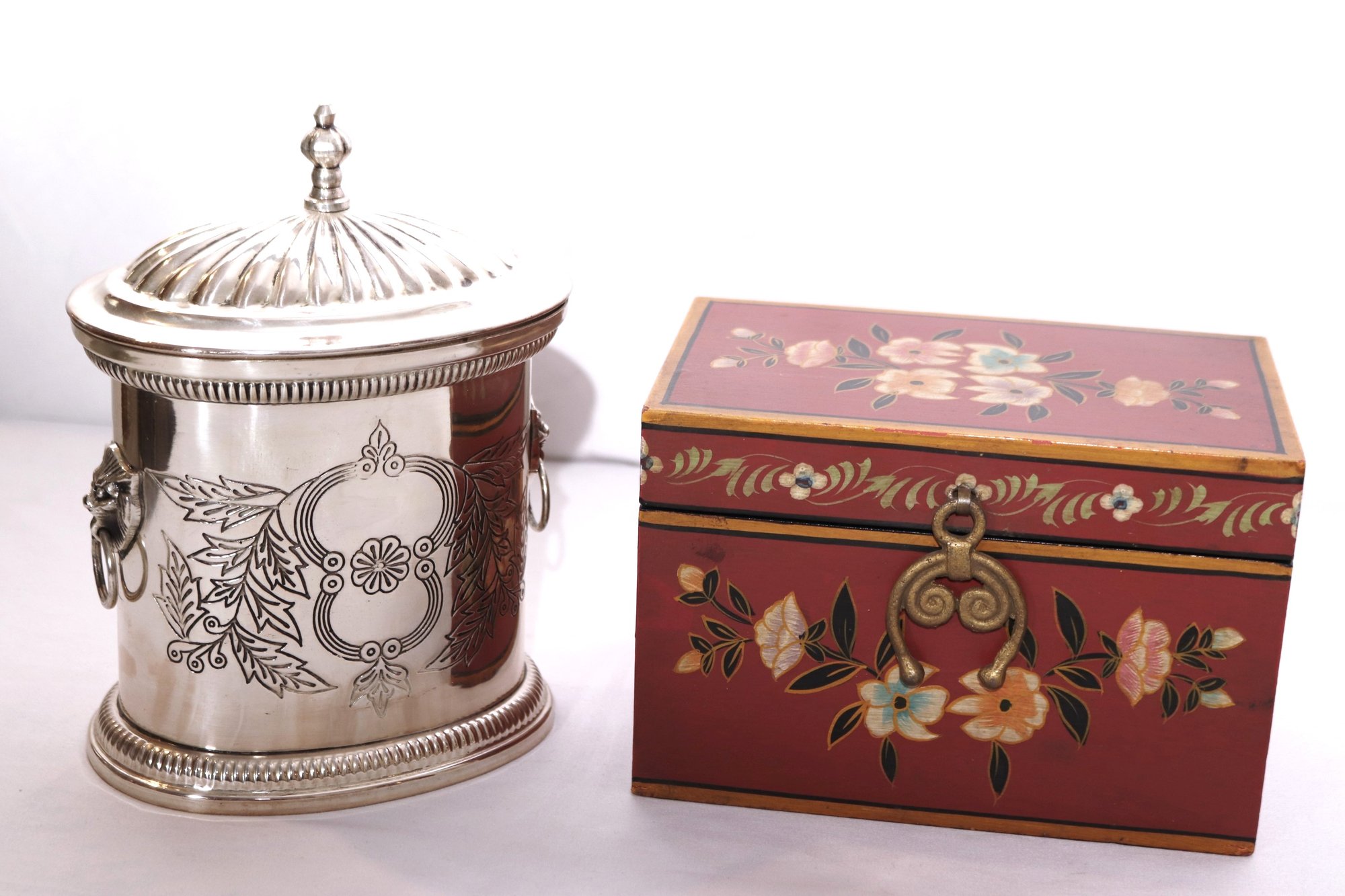 Contemporary Metal Tea Caddy With Incised Design And Red Painted Box ...