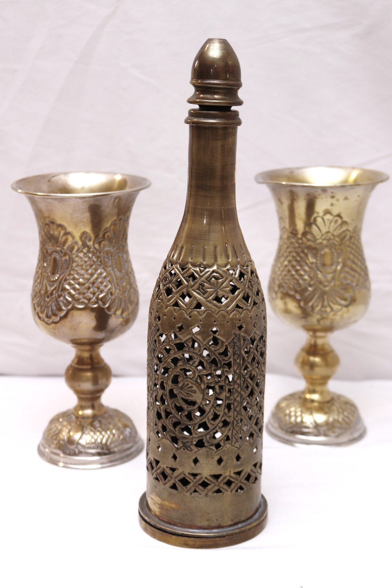 Three Brass Items With Decorative Perforated Bottle Cover And 2 Inches ...