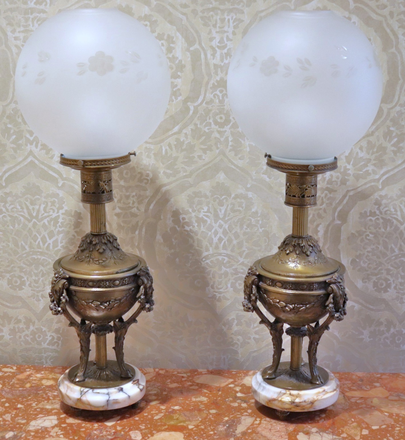 Set Of 2 Matching Victorian Style Banquet Table Lamps On Heavy Marble ...