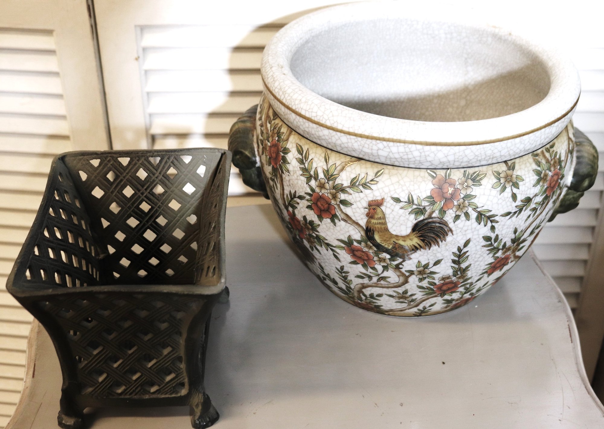 Crackle Finished Chinese Style Planter With Rooster And Floral Accents ...