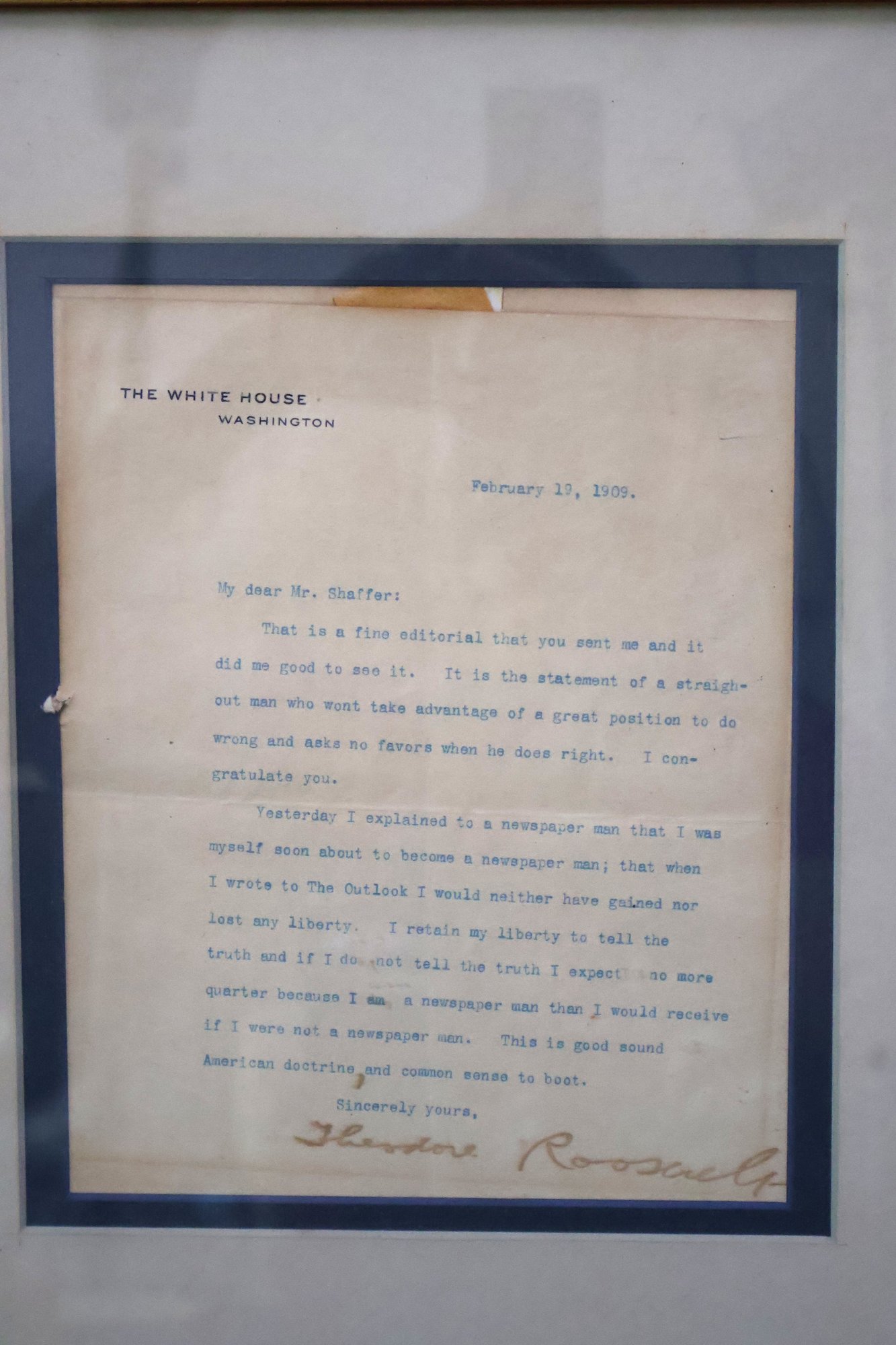 Framed Theodore Roosevelt Letter To John C. Shaffer From 1909 #66881 ...
