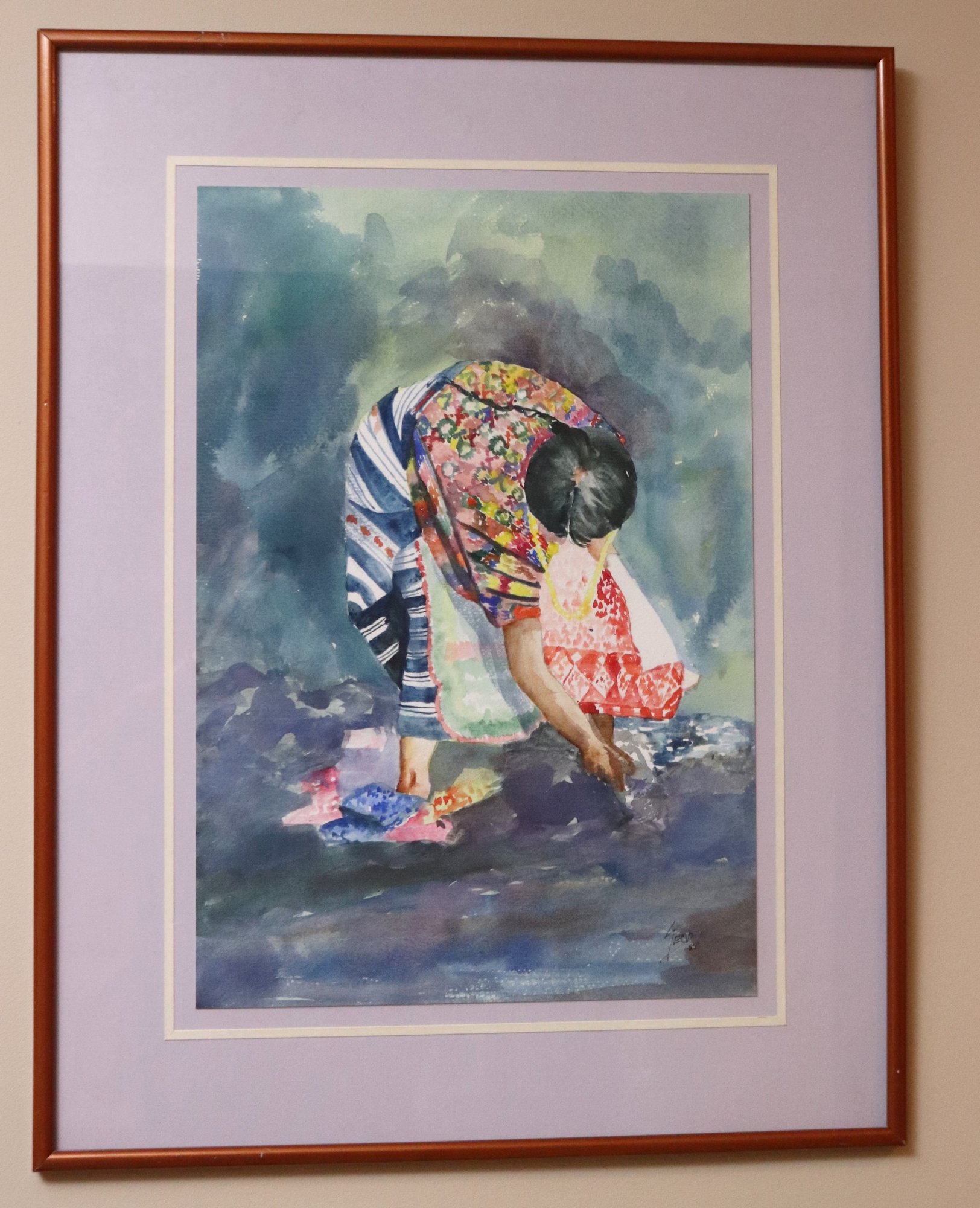 Signed Watercolor Of Woman With Colorful Clothes In A Blue Lake. #52898 ...