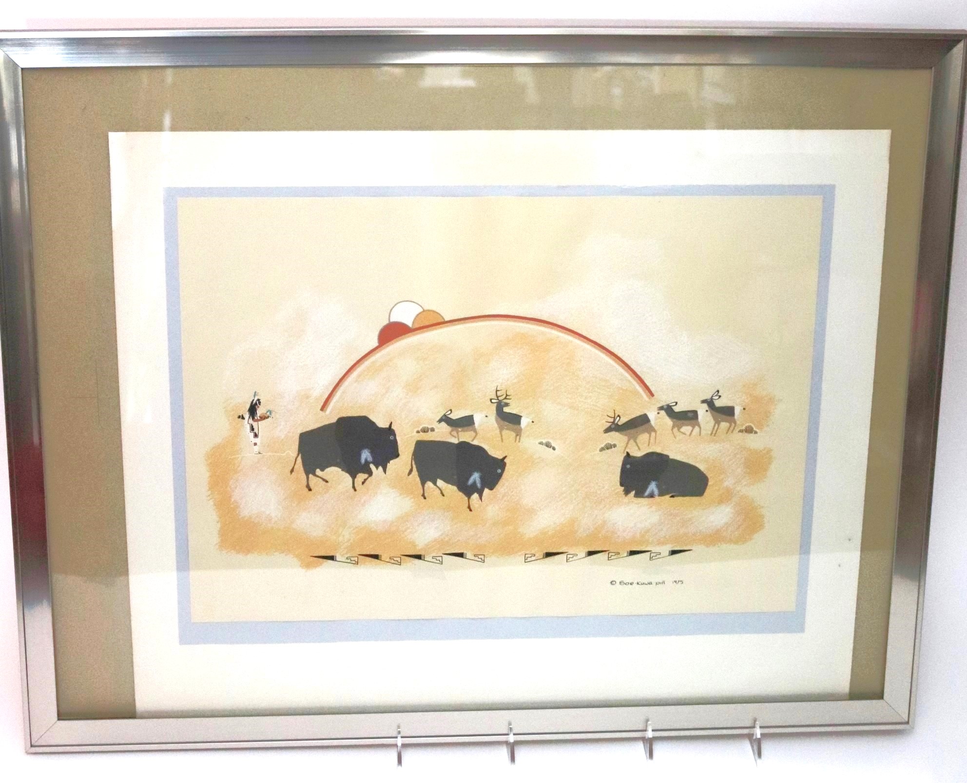 Framed Native American Print Of Kachina Warrior And Buffaloes Grazing ...
