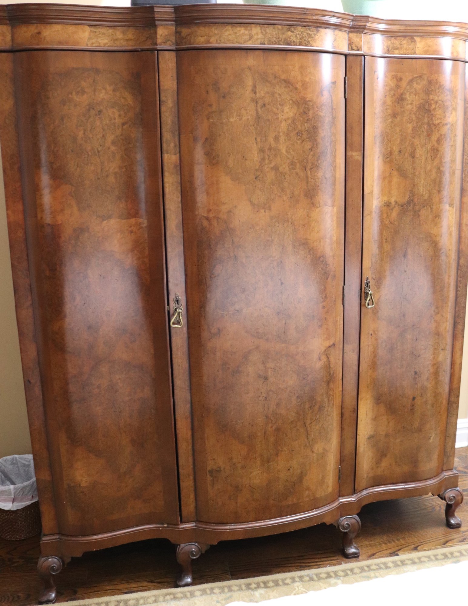 Vintage, 1930s Art Deco Burl Wood Armoire With Curved Legs And Fitted ...