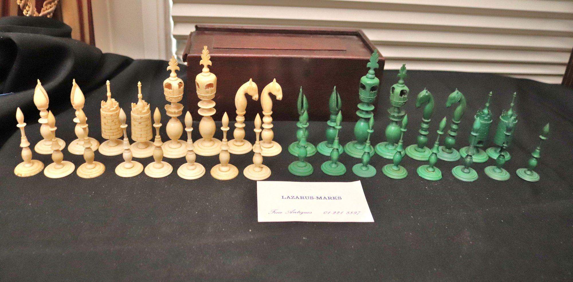 John Calvert Style Hand Carved Bone Chess Pieces In Natural And Green ...