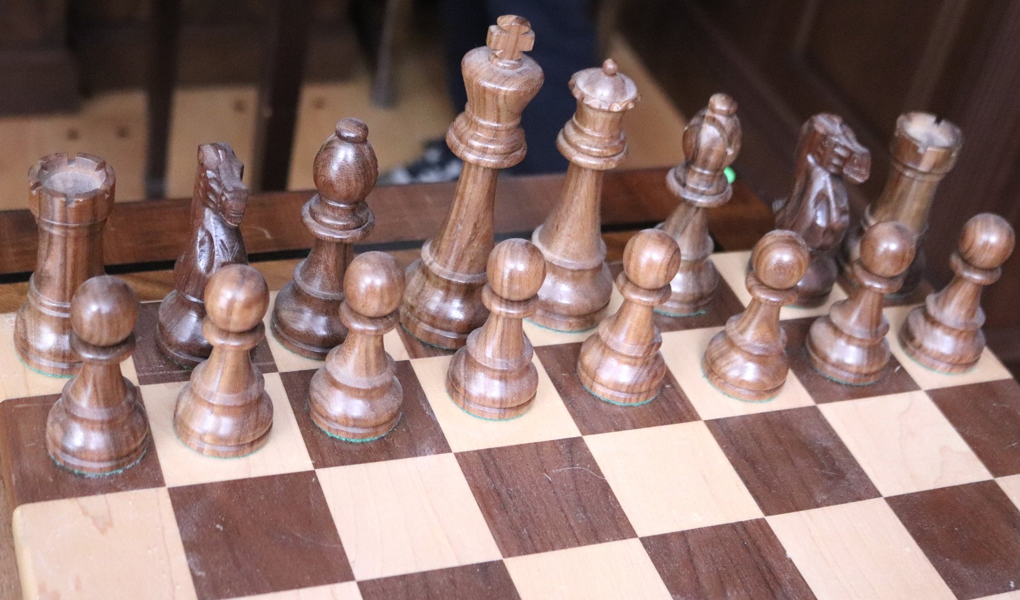 Vintage Wooden Chessboard And Carved Wood Chess Pieces. #54246 ...