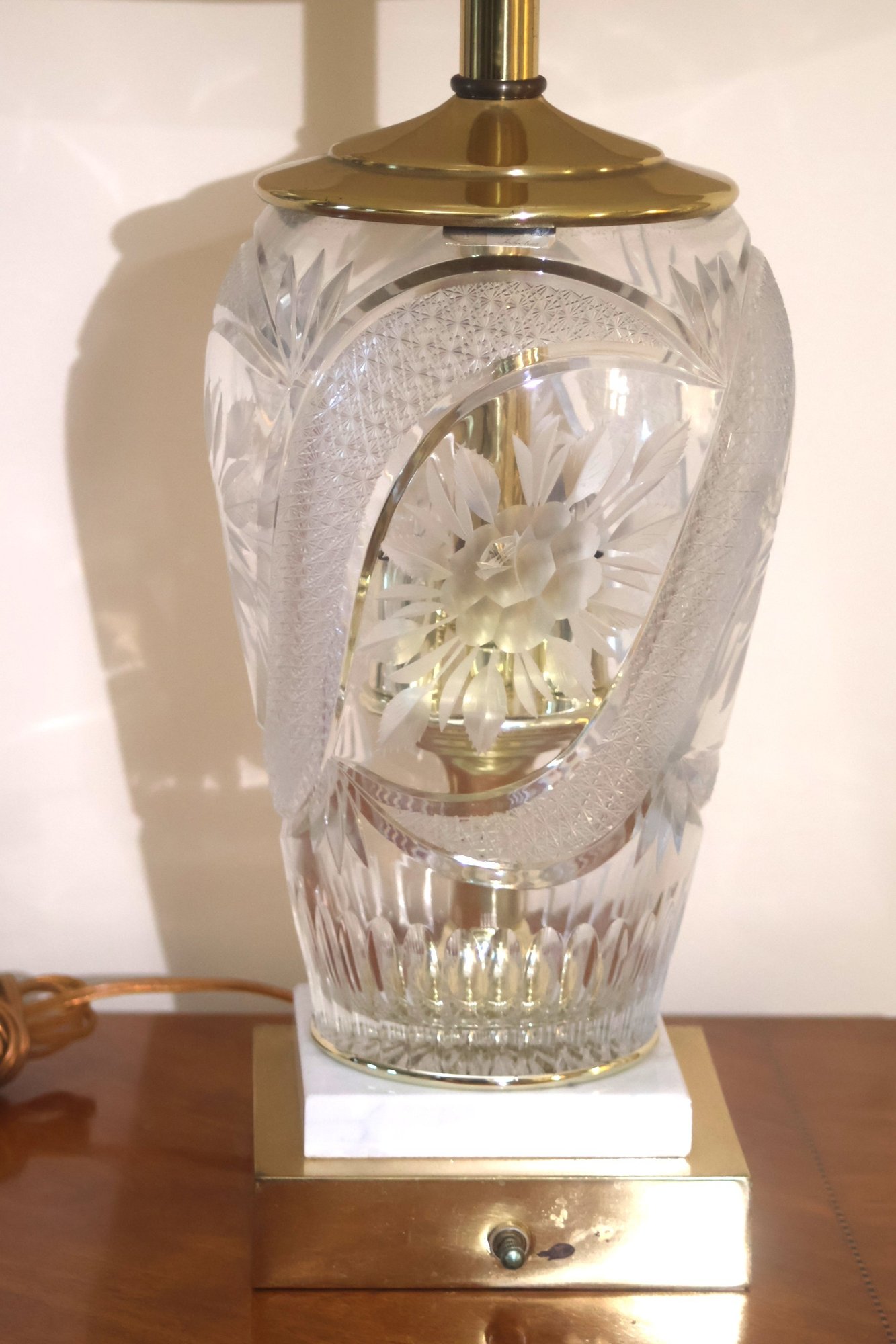 Vintage Table Lamp With Traditional Cut Crystal Glass Body On Marble ...