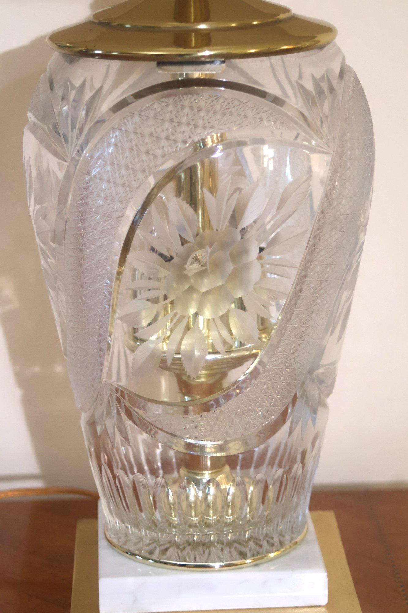 Vintage Table Lamp With Traditional Cut Crystal Glass Body On Marble ...