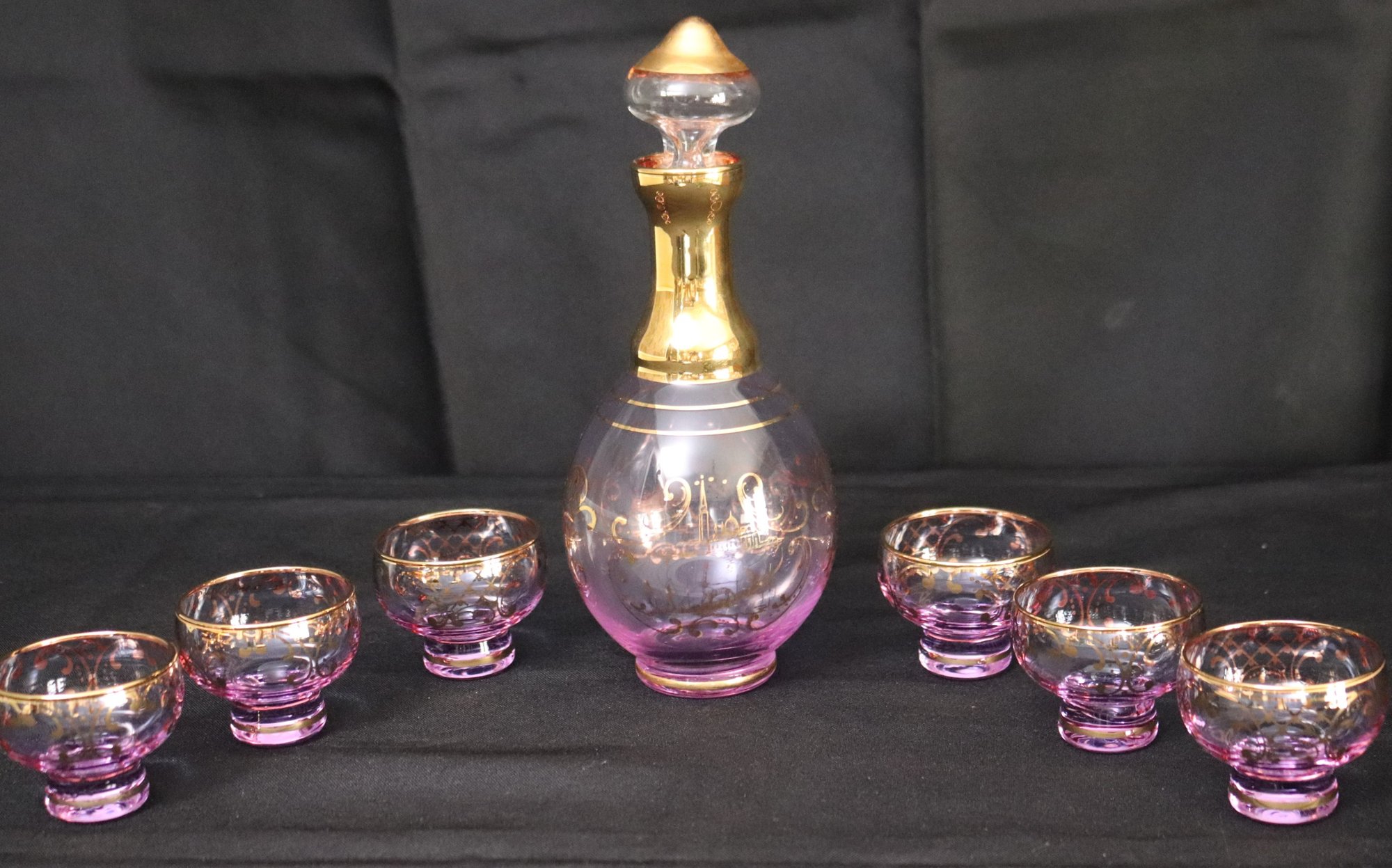 Fine Vintage Purple Glass Decanter And Cordial Set With Hand Painted ...