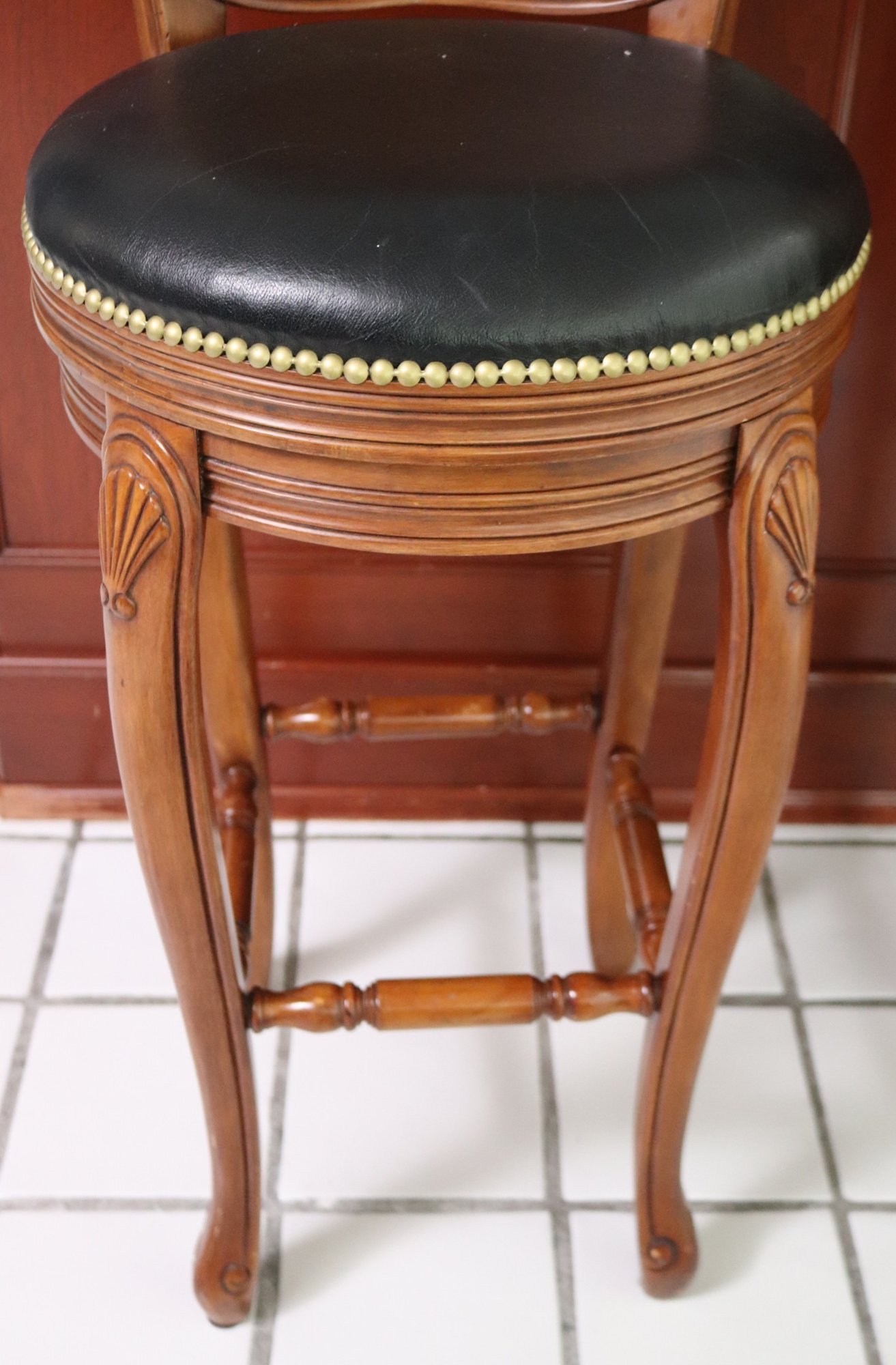 Set Of 4 Carved Wood Swivel Bar Stools With Cane Back And Nail Head ...