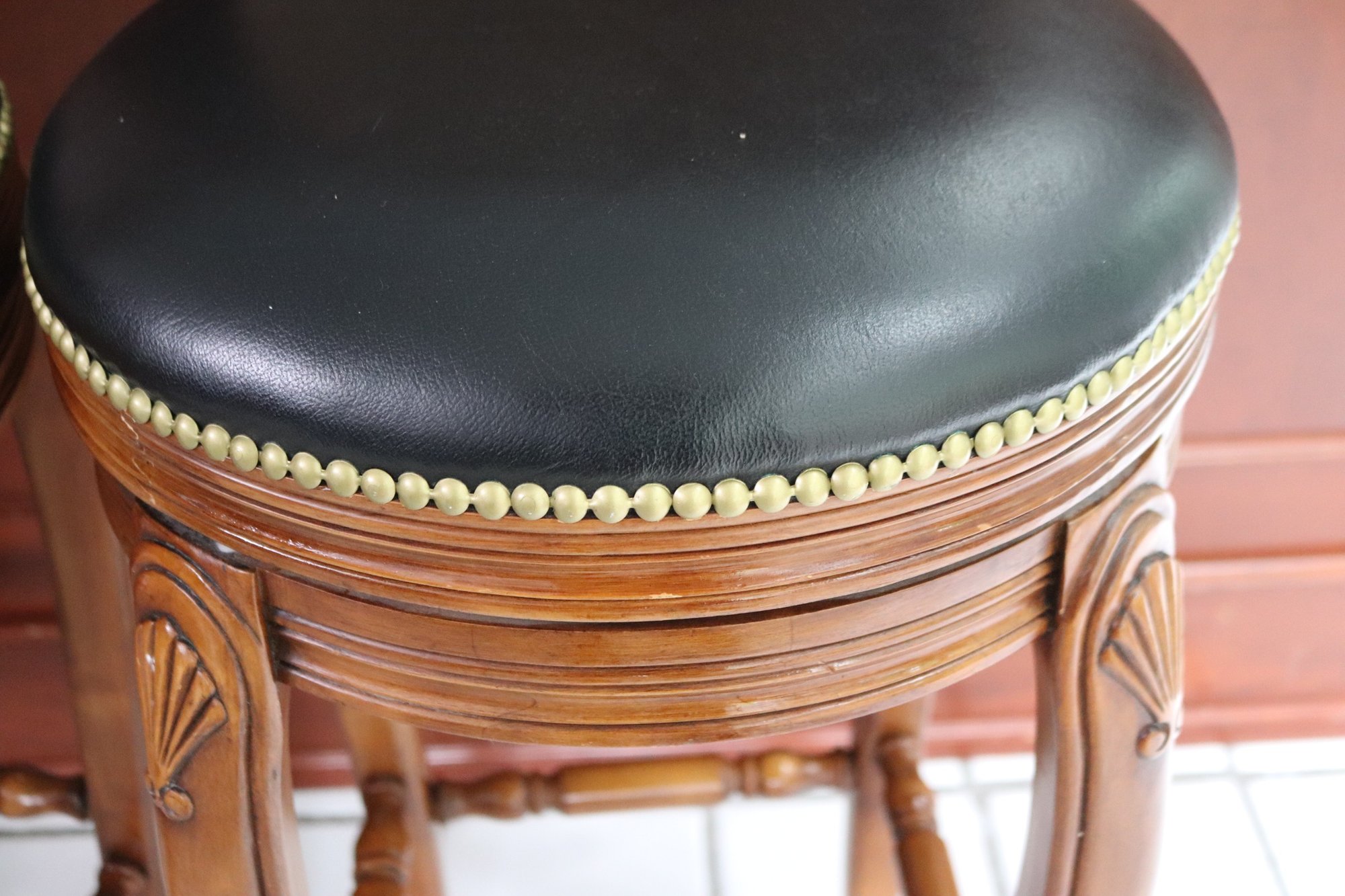 Set Of 4 Carved Wood Swivel Bar Stools With Cane Back And Nail Head ...