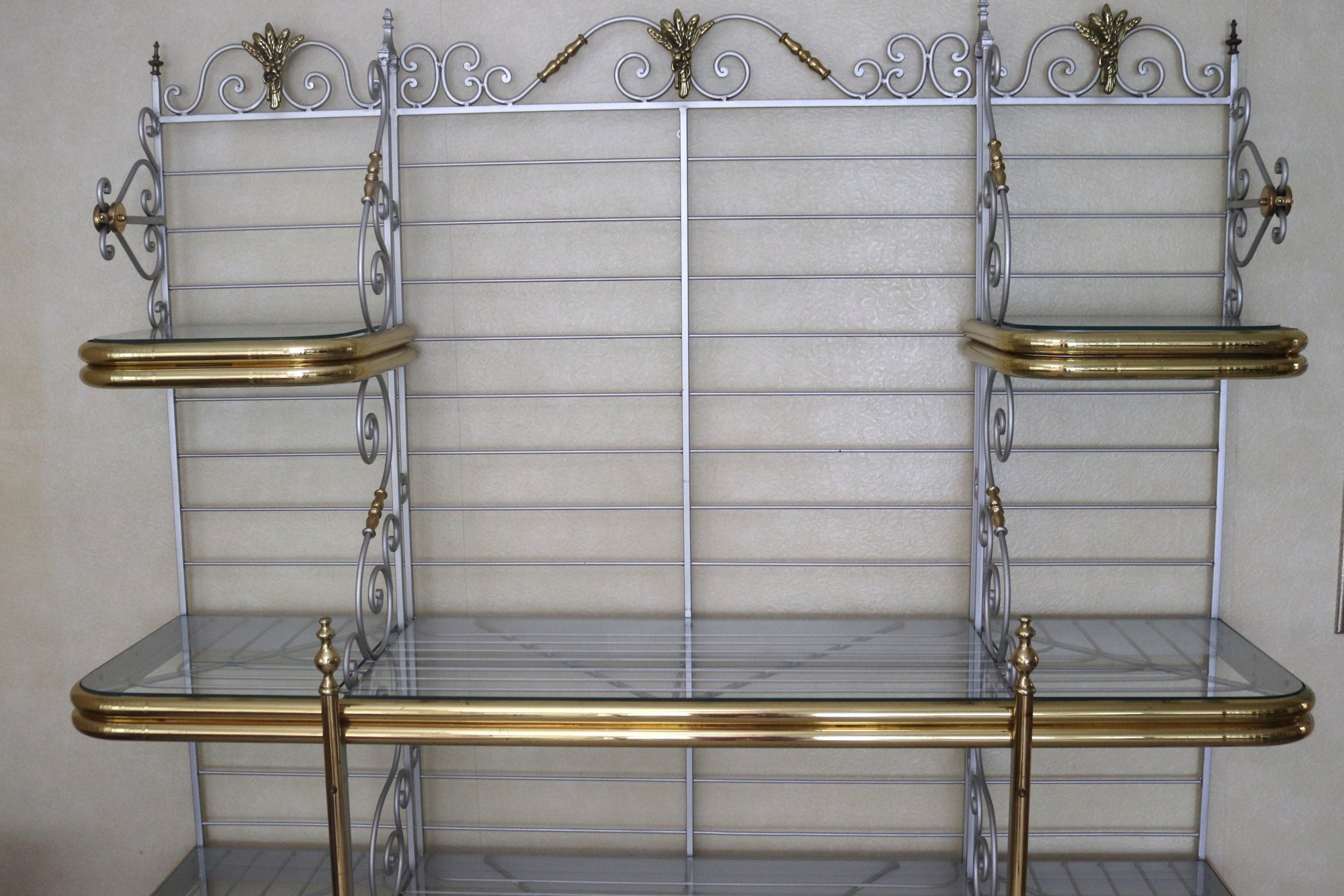Beautiful Large Bakers Rack In Silver Painted Metal With Wide Brass ...