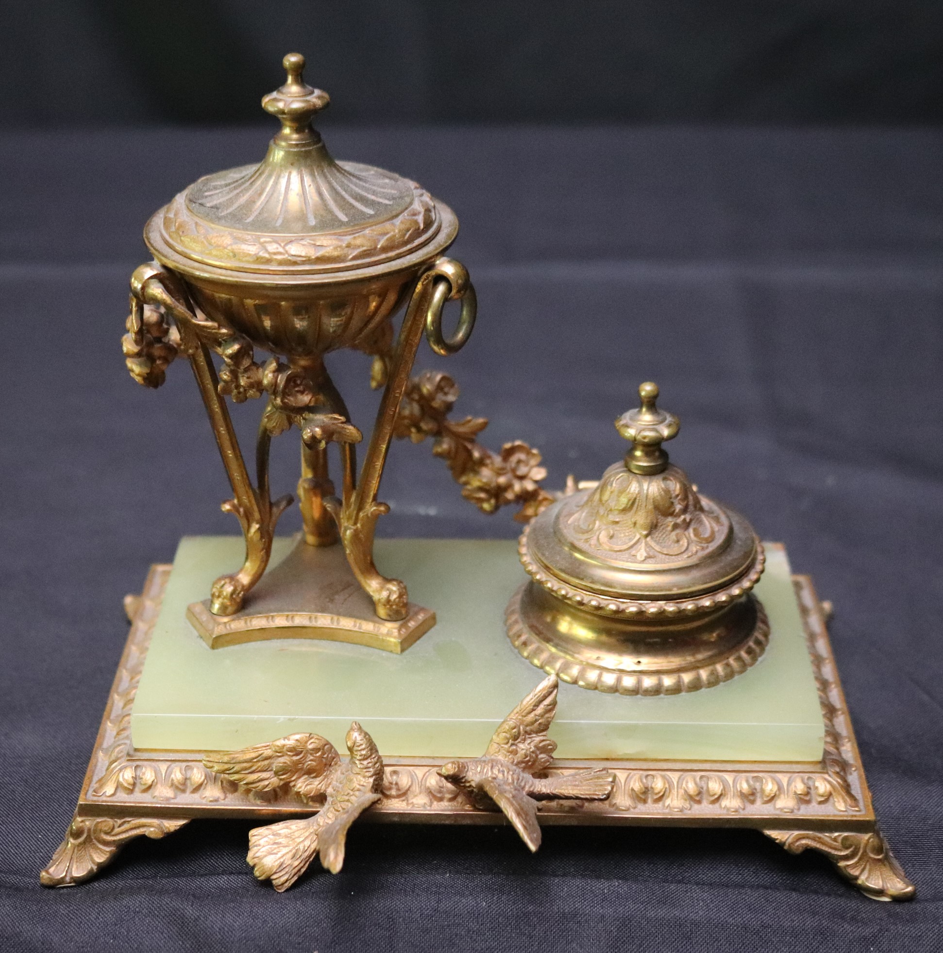 Antique Style Bronze Inkwell On Green Onyx Stand. #52529 | Auctionninja.com
