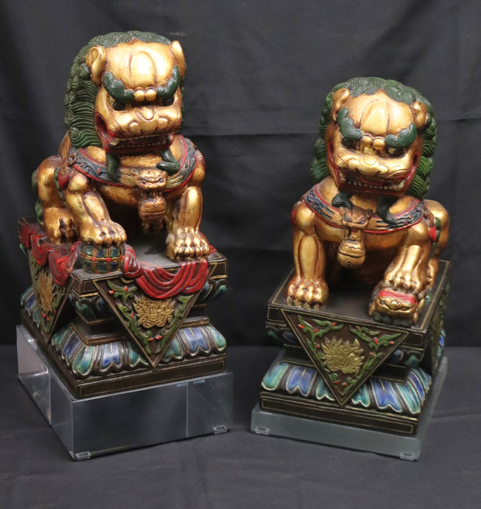 Two Elaborately Decorated And Painted Foo Dogs / Temple Lions Atop ...