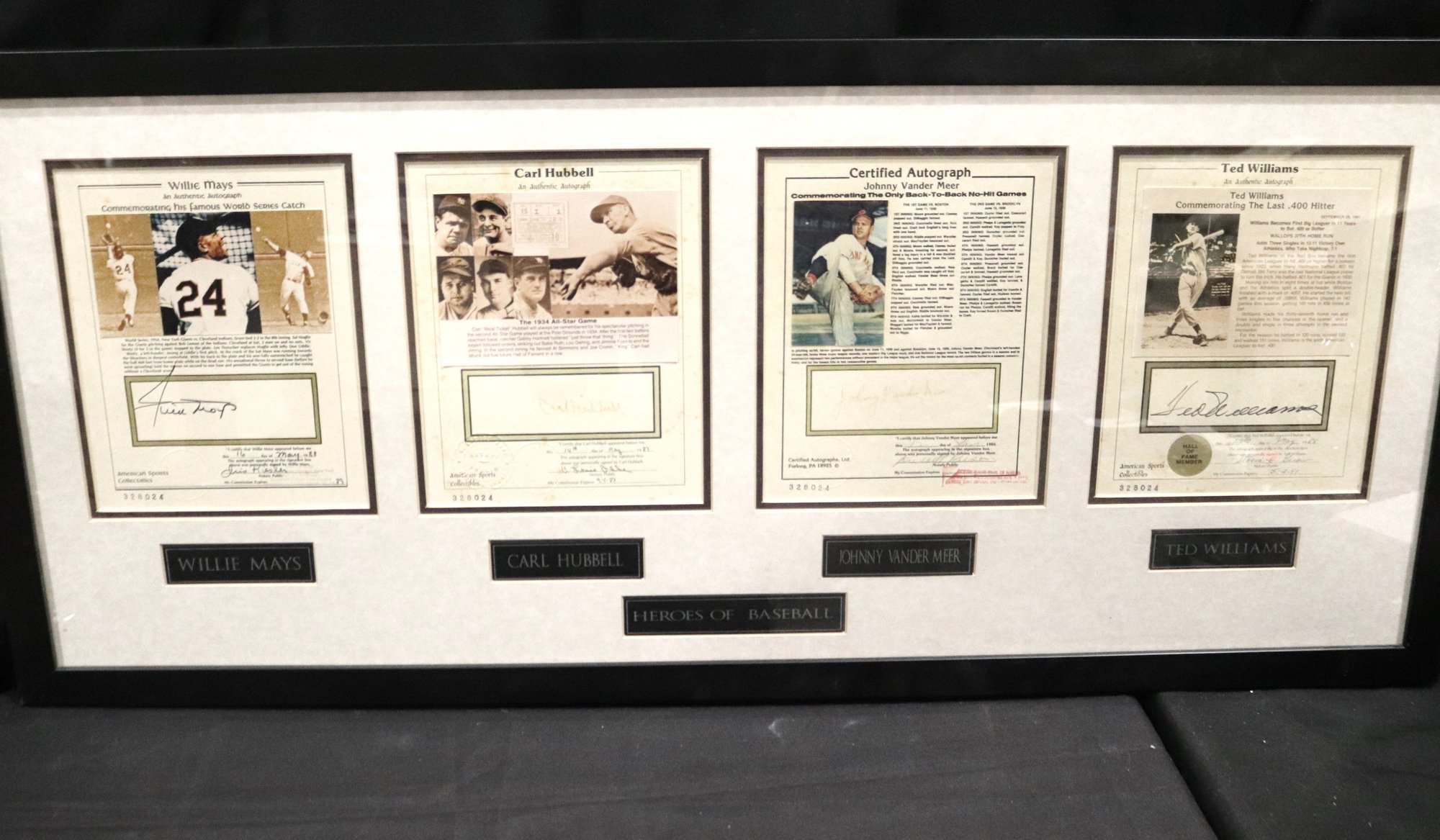 Heroes Of Baseball Framed Memorabilia Signed By Willie Mays, Ted ...