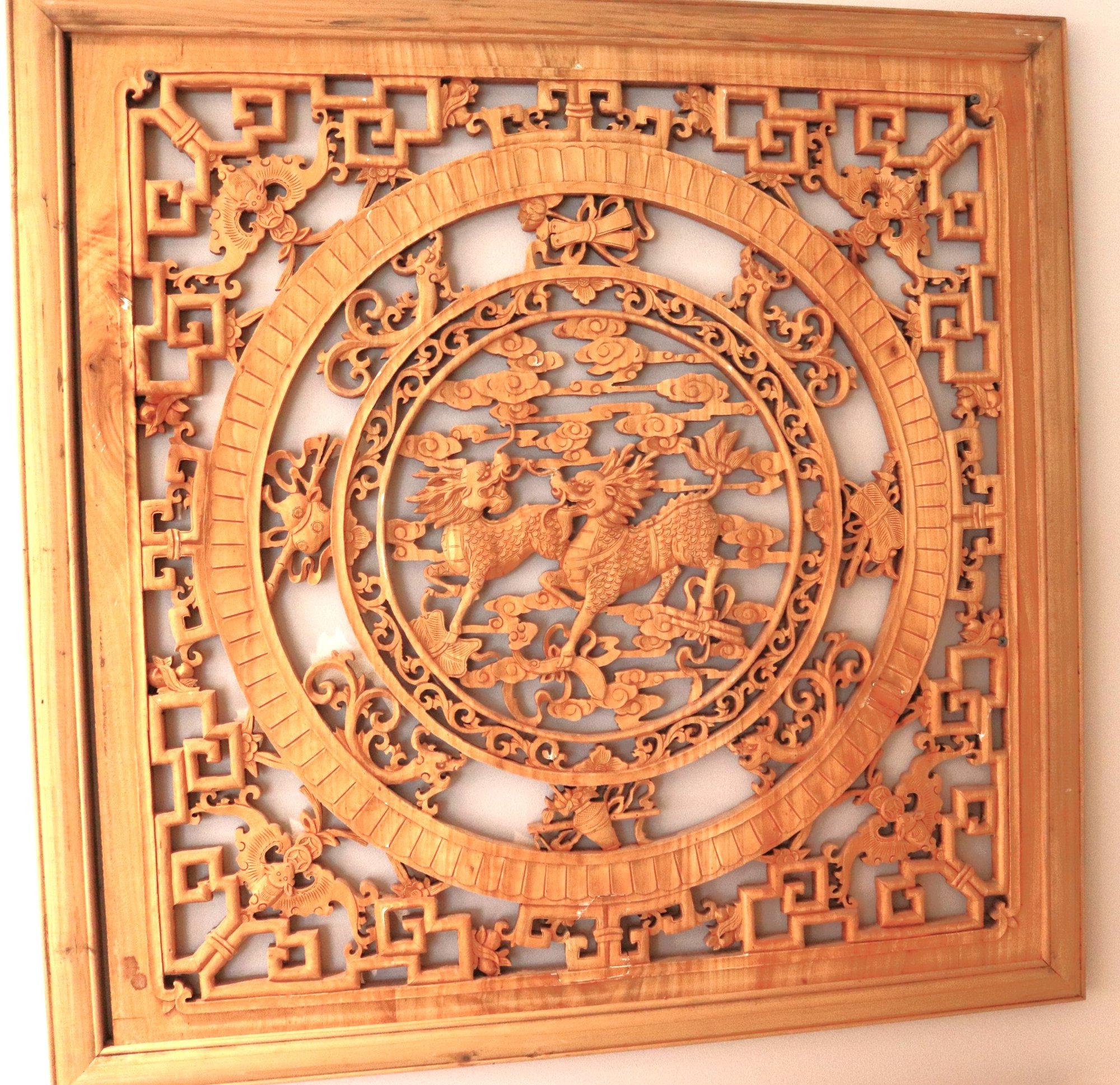 Carved Chinese Wood Panel With Longma Dragon Horse & Bats 31.5 Inch ...