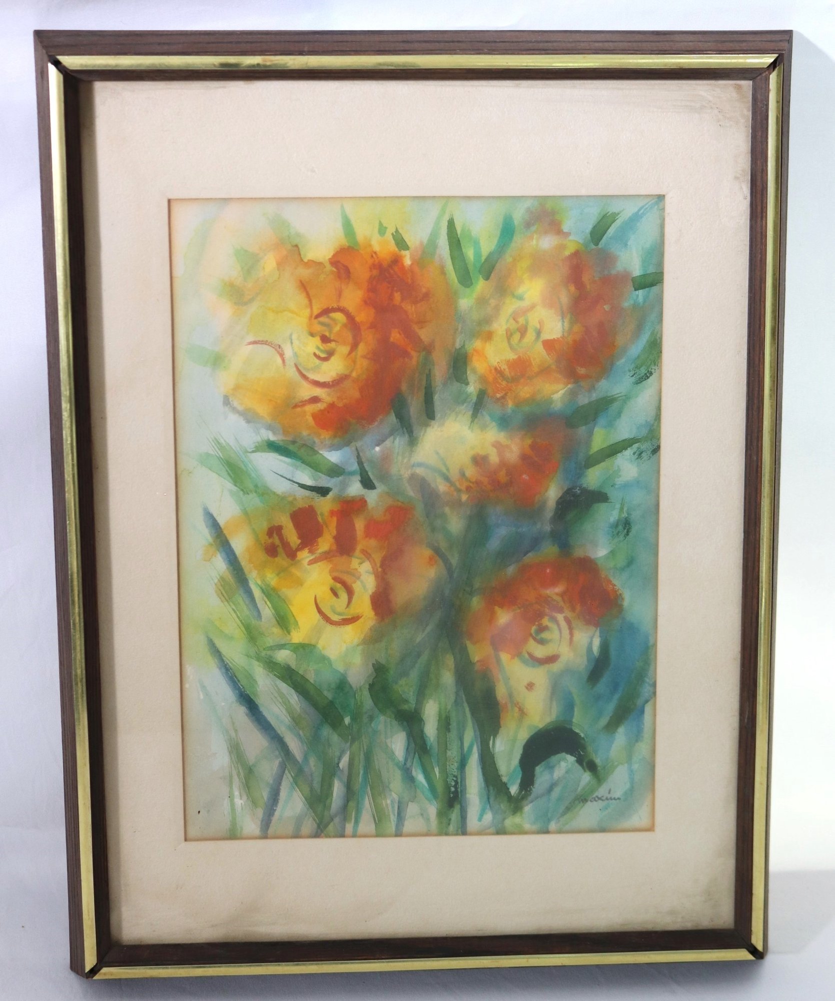 Small Abstract Watercolor Painting Of Yellow And Red Flowers Signed By ...
