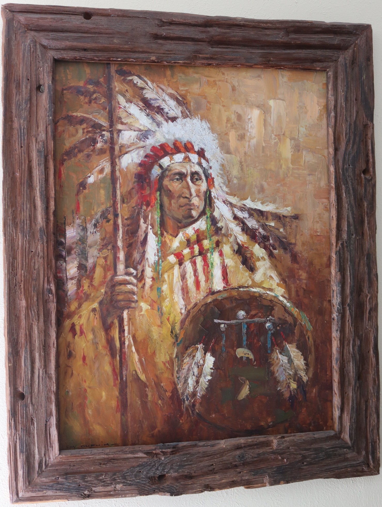 Striking Oil On Canvas Native American Chief Painting Signed By Artist ...