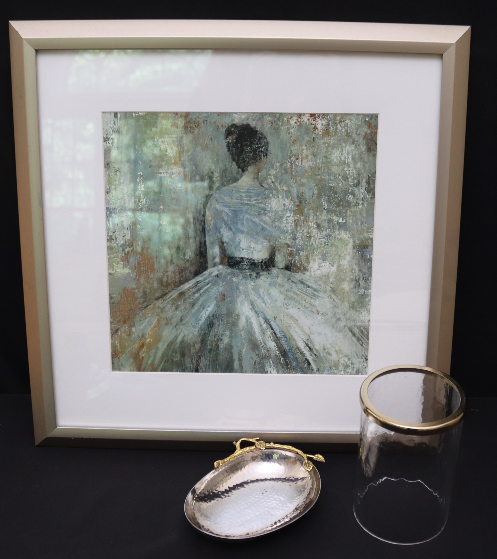 Framed Print Of A Woman, Including Hammered Dish And Glass Canister ...