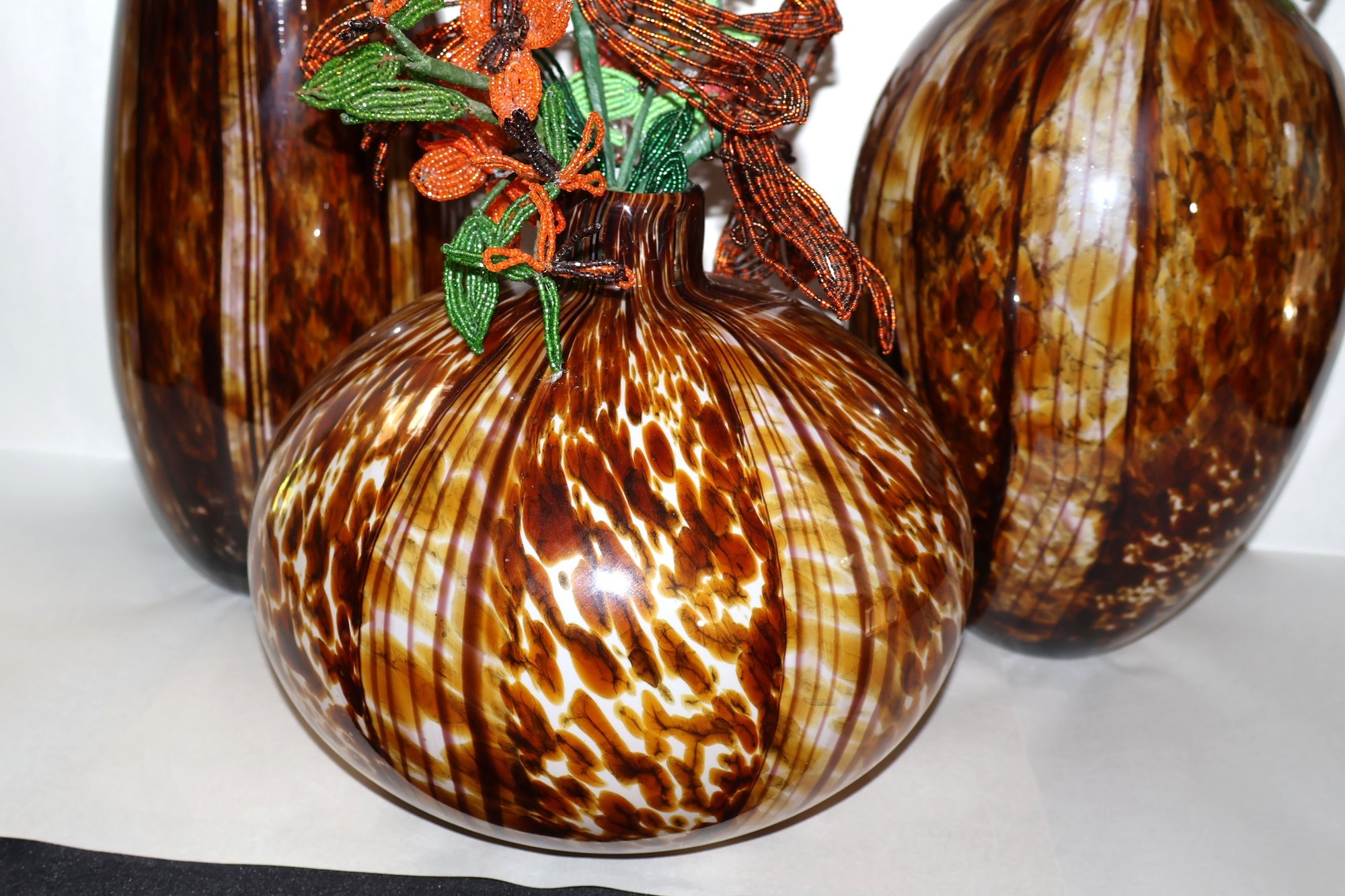 Group Of 3 Large Tortoise Shell Pattern Blown Glass Vases With Hand ...
