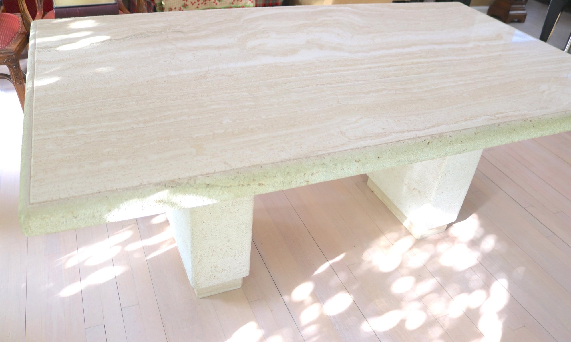 Gorgeous Solid Travertine Dining Table, Dual Pedestal, Rounded Edges ...