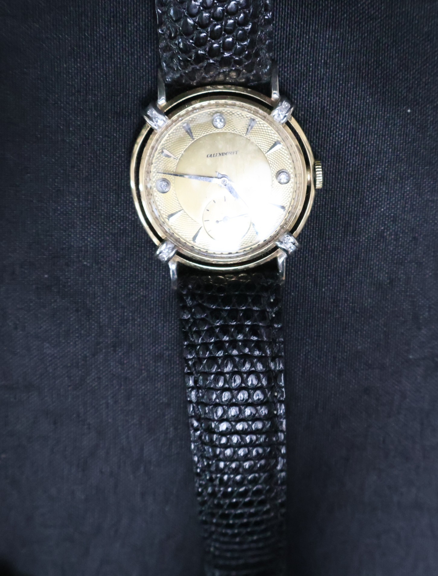14K YG VINTAGE OLLENDORF 32MM MECHANICAL MENS WATCH W/ DIAMOND LUGS ON ...