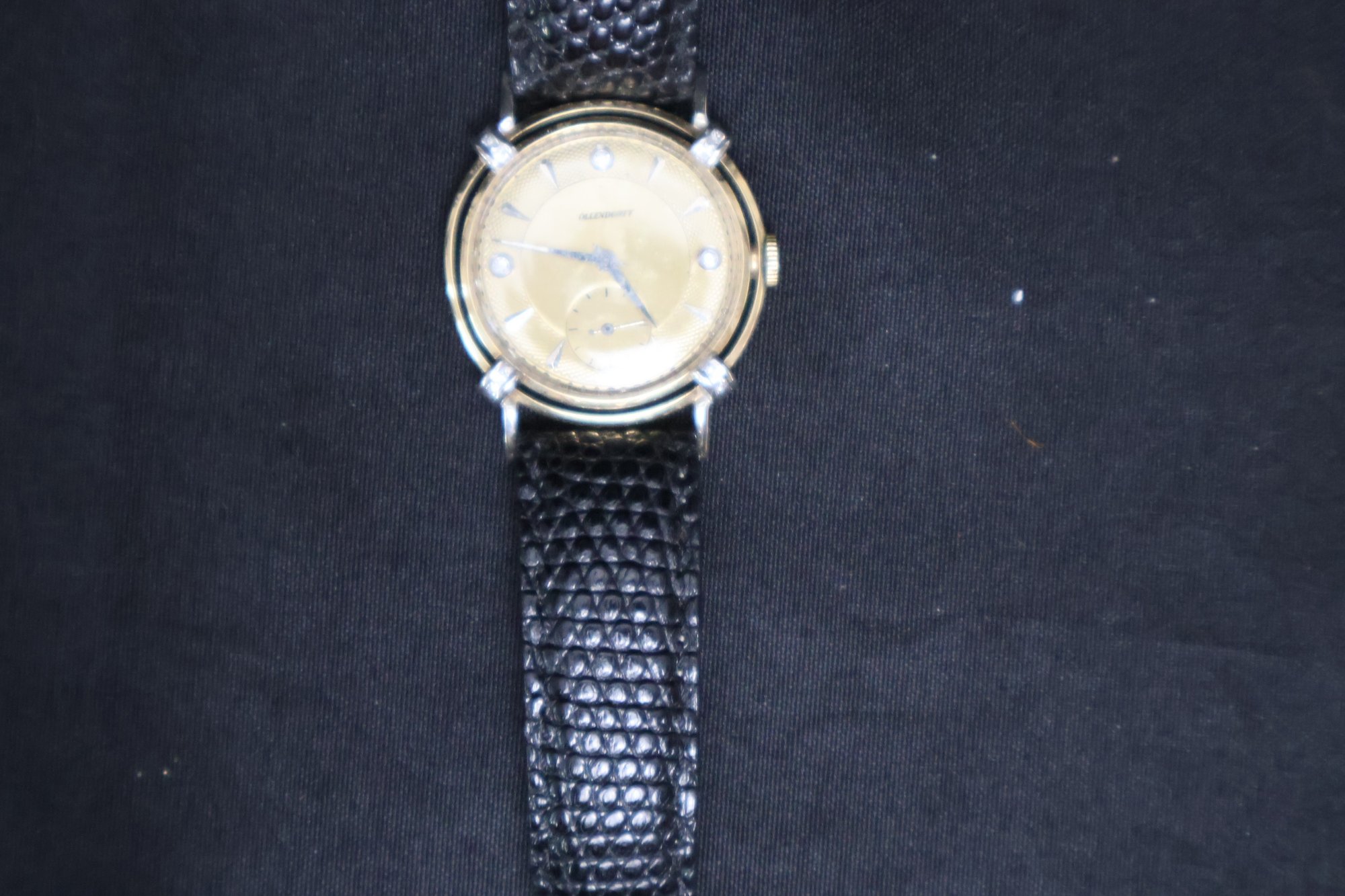 14K YG VINTAGE OLLENDORF 32MM MECHANICAL MENS WATCH W/ DIAMOND LUGS ON ...