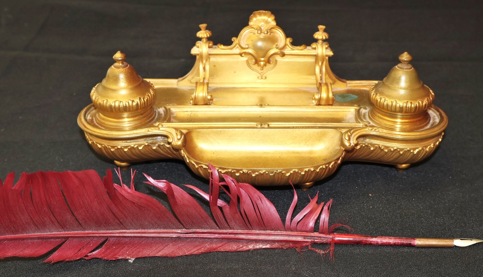 Vintage Gilt Brass Inkwell With Feather Pen #62228 | Auctionninja.com