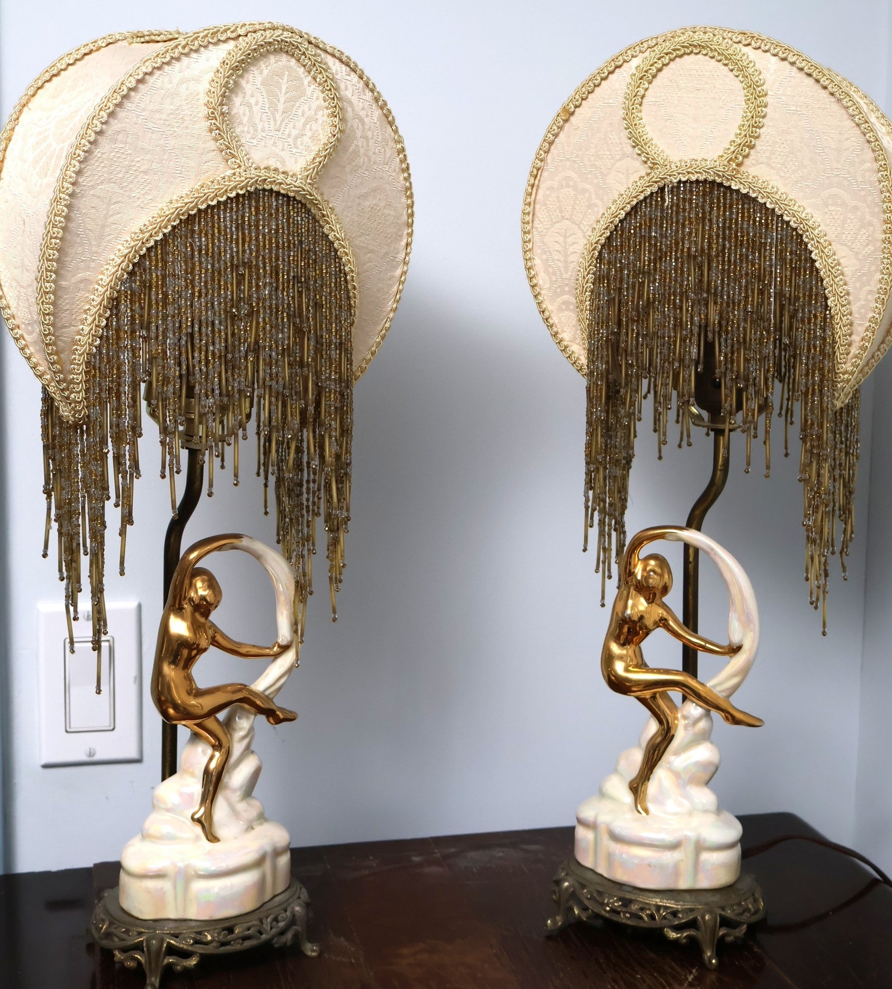 Pair Of 2 Vintage Art Deco Inspired Figural Table Lamps With Glass ...