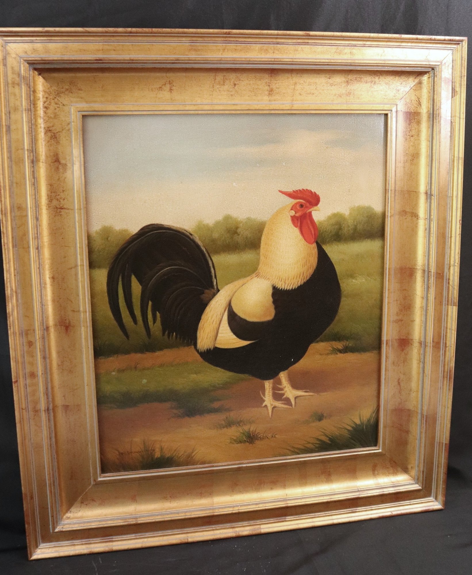 Framed Folk Art Style Rooster Oil Painting On Canvas Signed By The ...