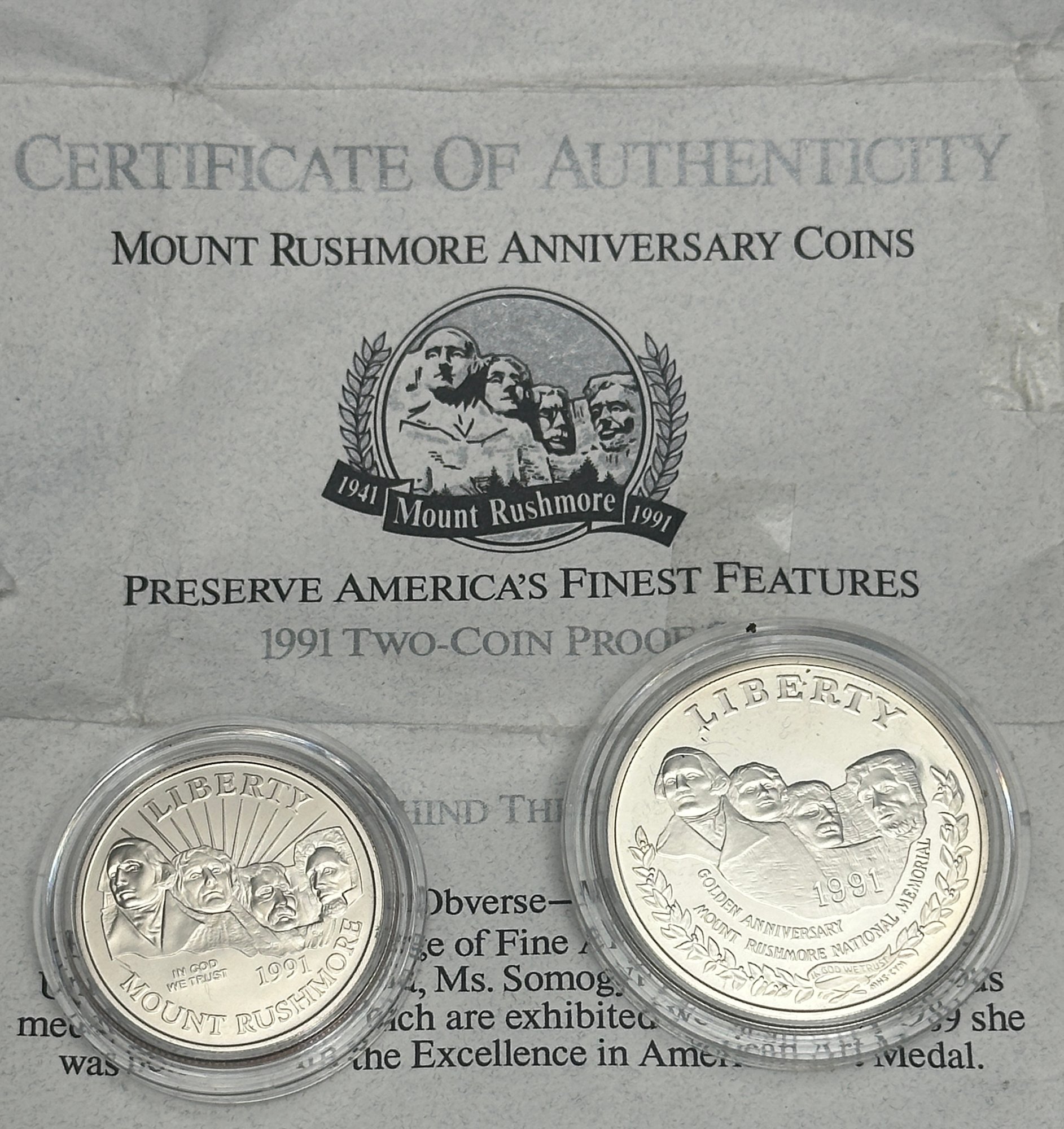 Mount Rushmore Anniversary Proof Coin Set 1991 With COA #52334 ...