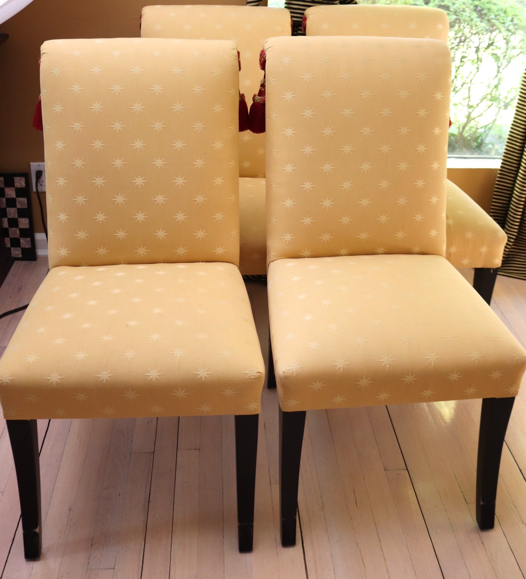 Set Of 4 Dining Chairs With Custom Yellow Toned/ Star Pattern Fabric ...