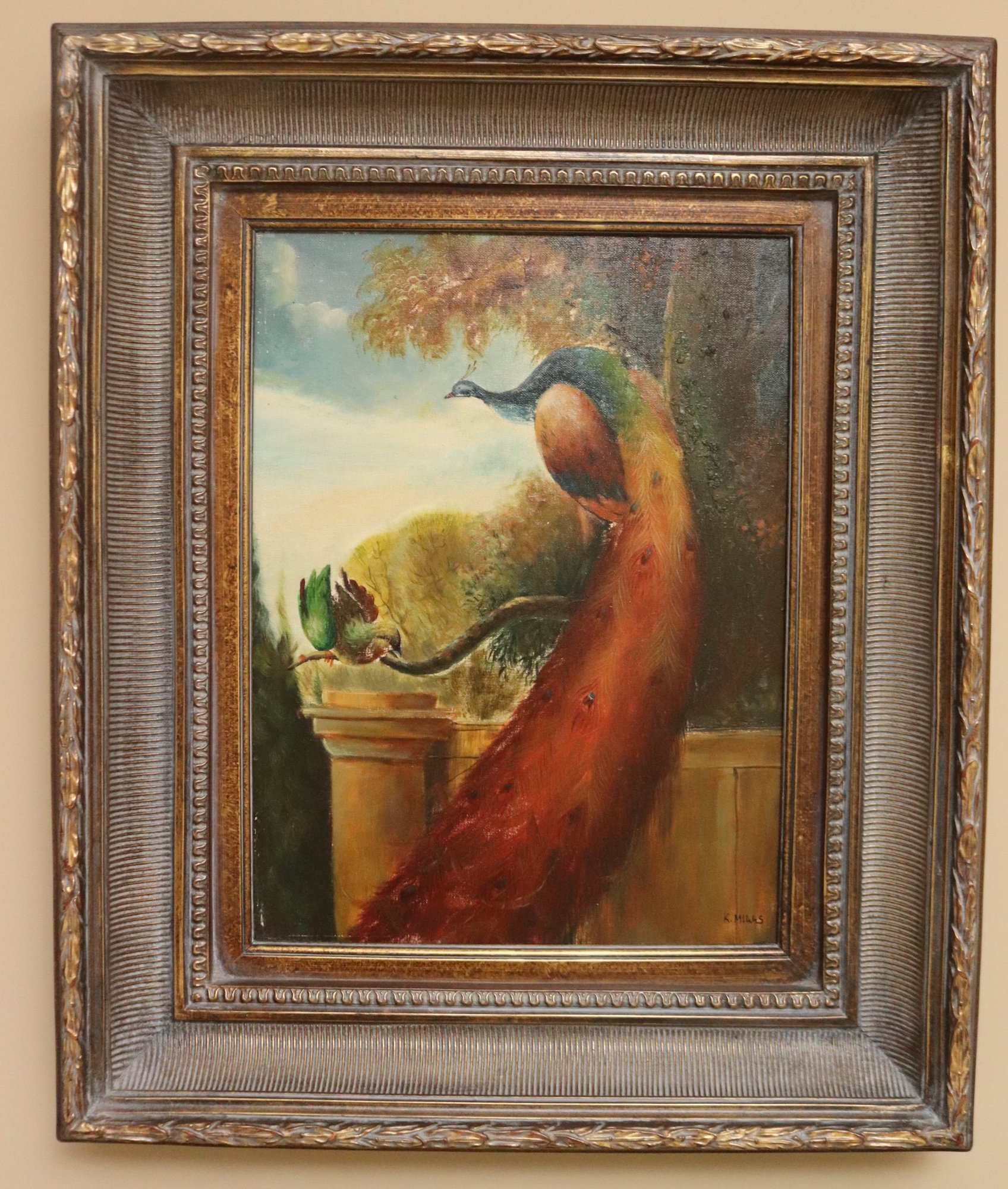 Vintage O/C Painting Of Peacock And Bird Signed K. Mills In A Wide ...