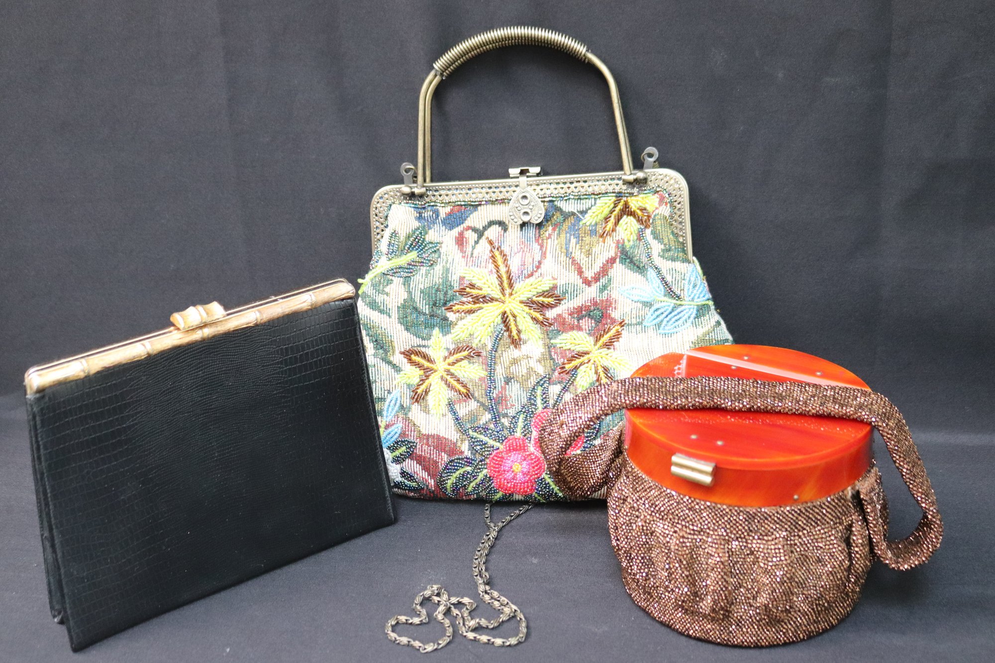 Three Vintage Ladies Pocketbooks With Beaded Bakelite, And Faux Snake ...