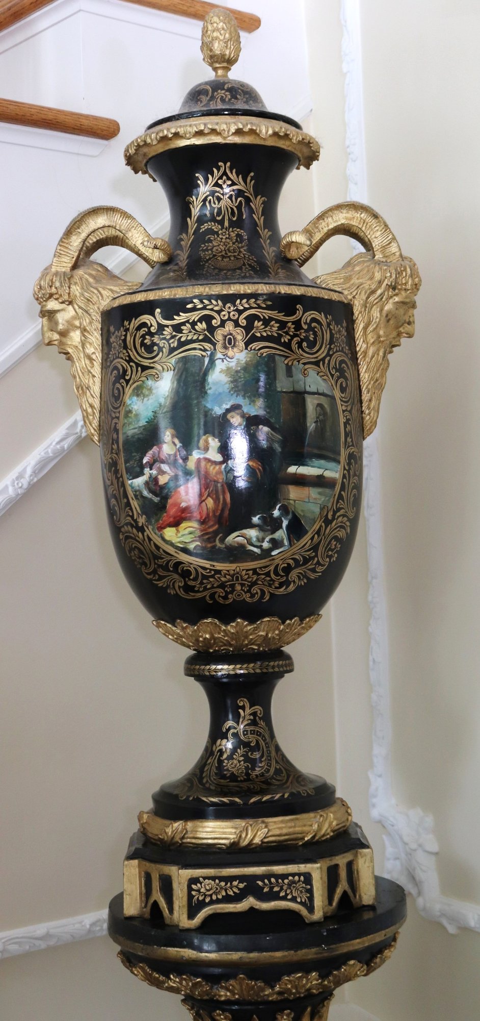 Tall And Impressive, Black And Gold Urn With Rams Heads And 2 Romantic ...