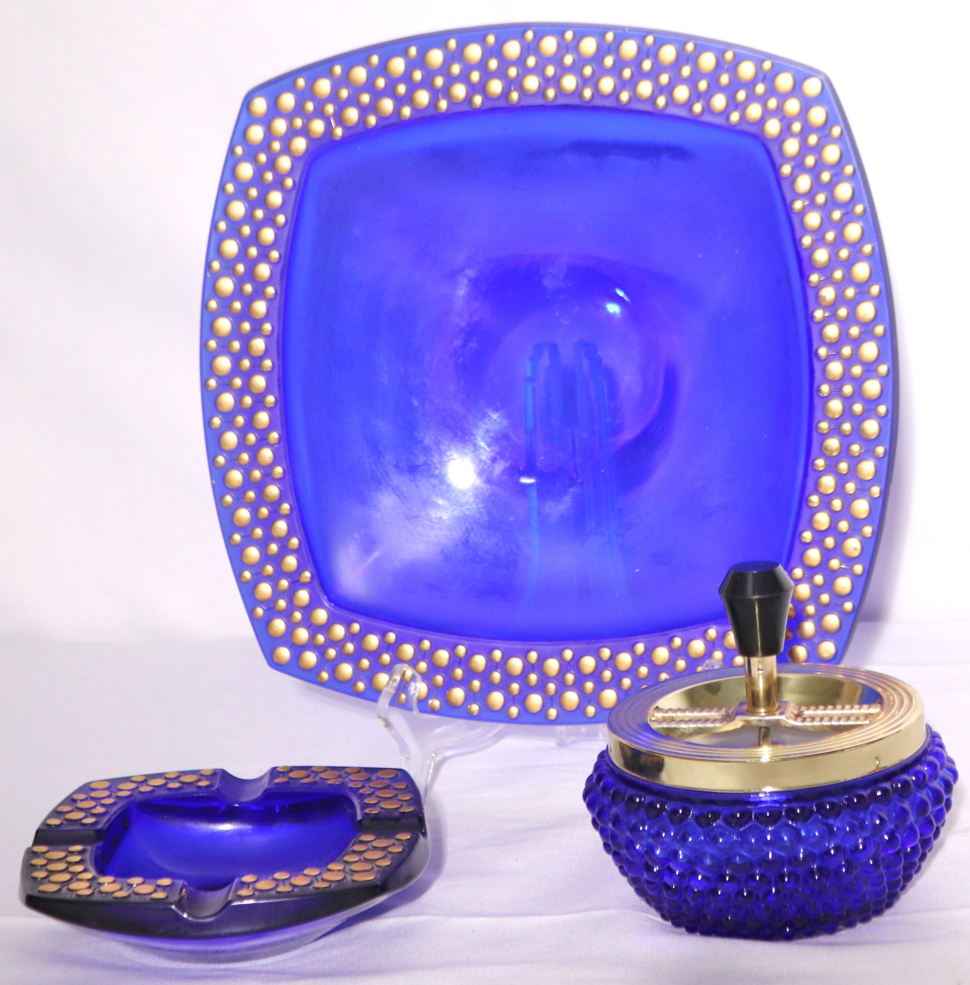 Stunning Vintage Cobalt Blue Set Including Larger Dish With Gold ...