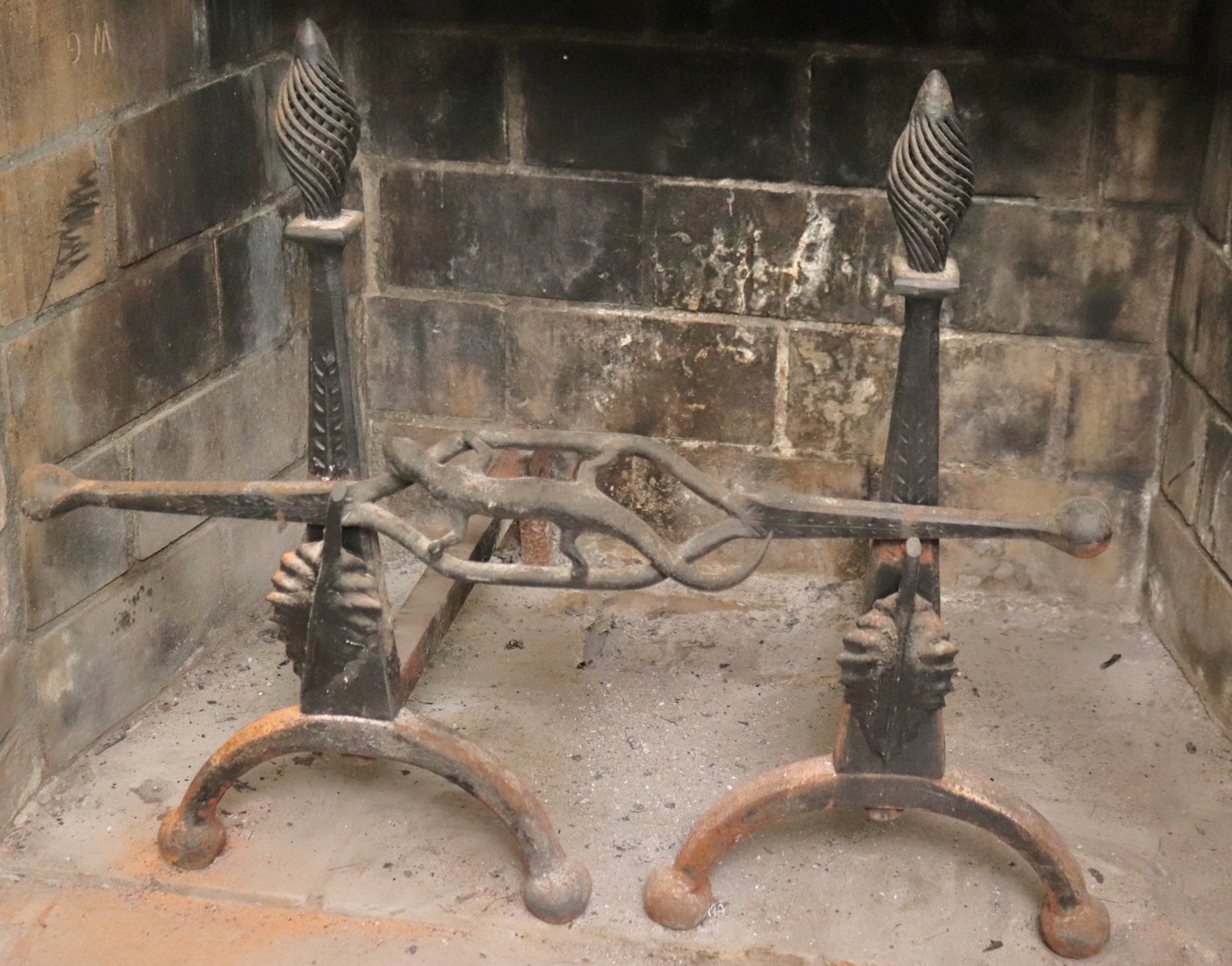 Vintage 3 Piece Heavy Cast Iron Fireplace Andirons With Crossbar ...