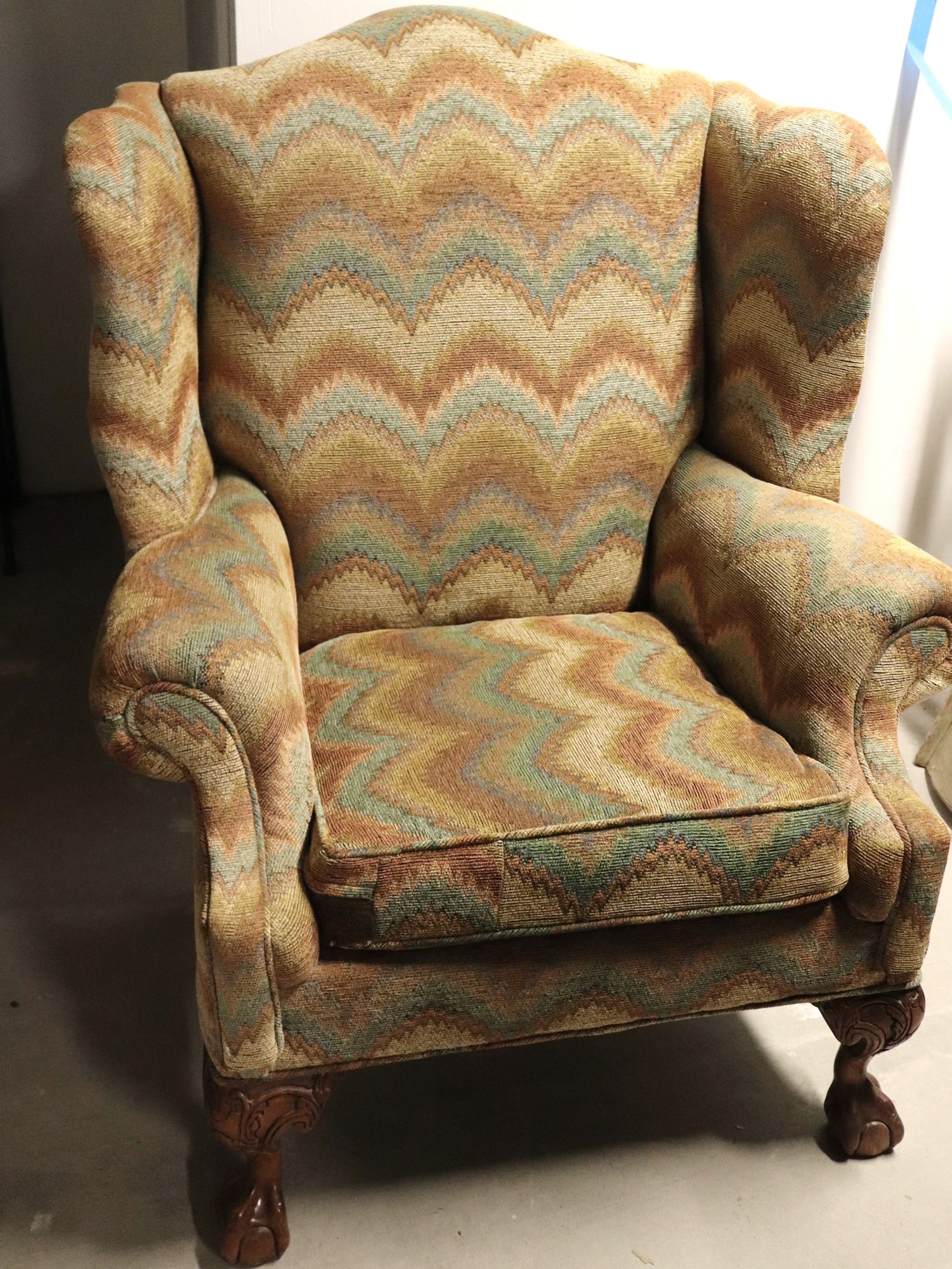 Oversized, Vintage Wooden Wing Chair With Ball And Claw Feet And Zigzag, Stitch, Upholstery ...