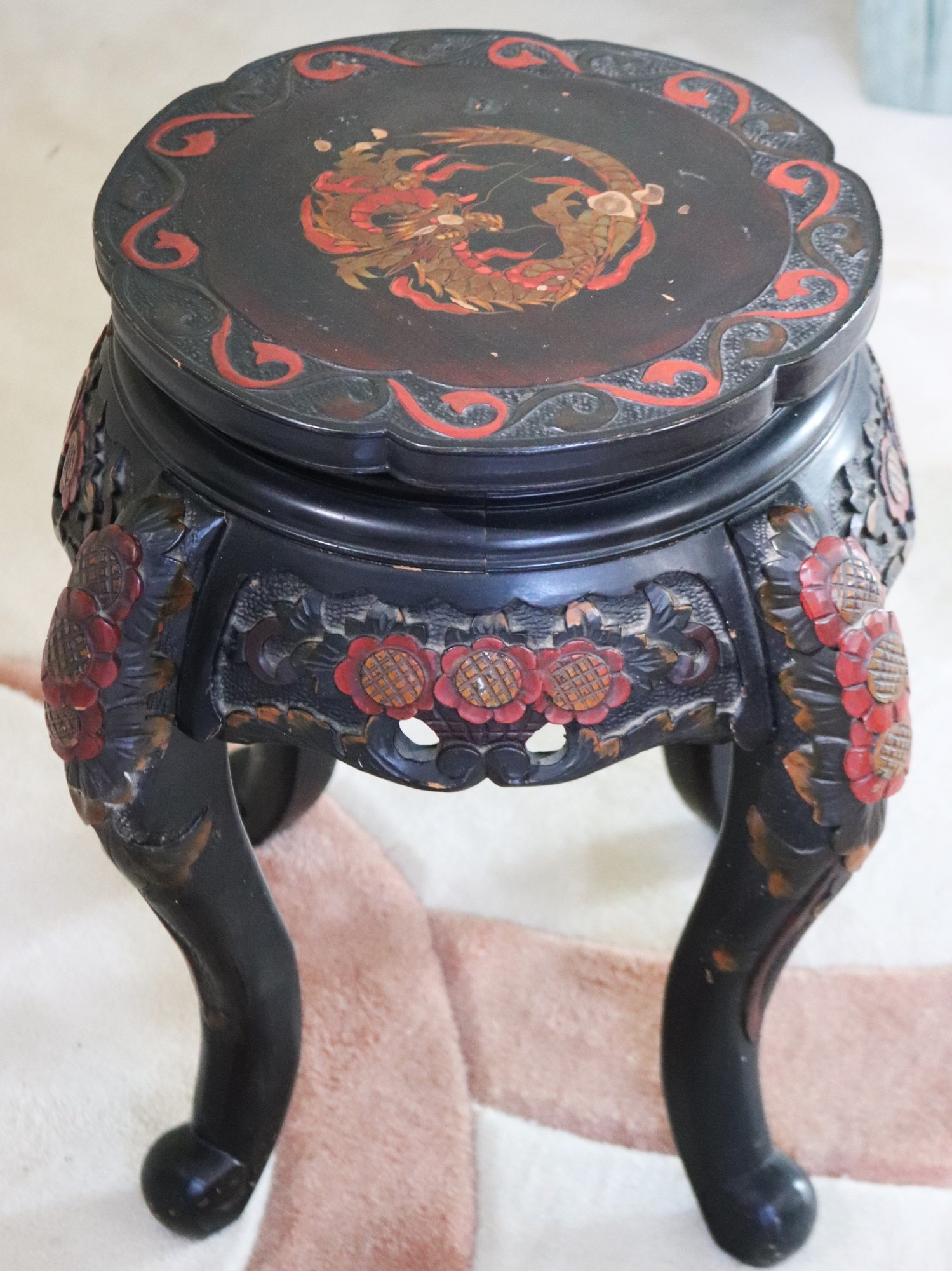 Vintage Carved Wood Japanese Stool With Floral Design #50127 ...
