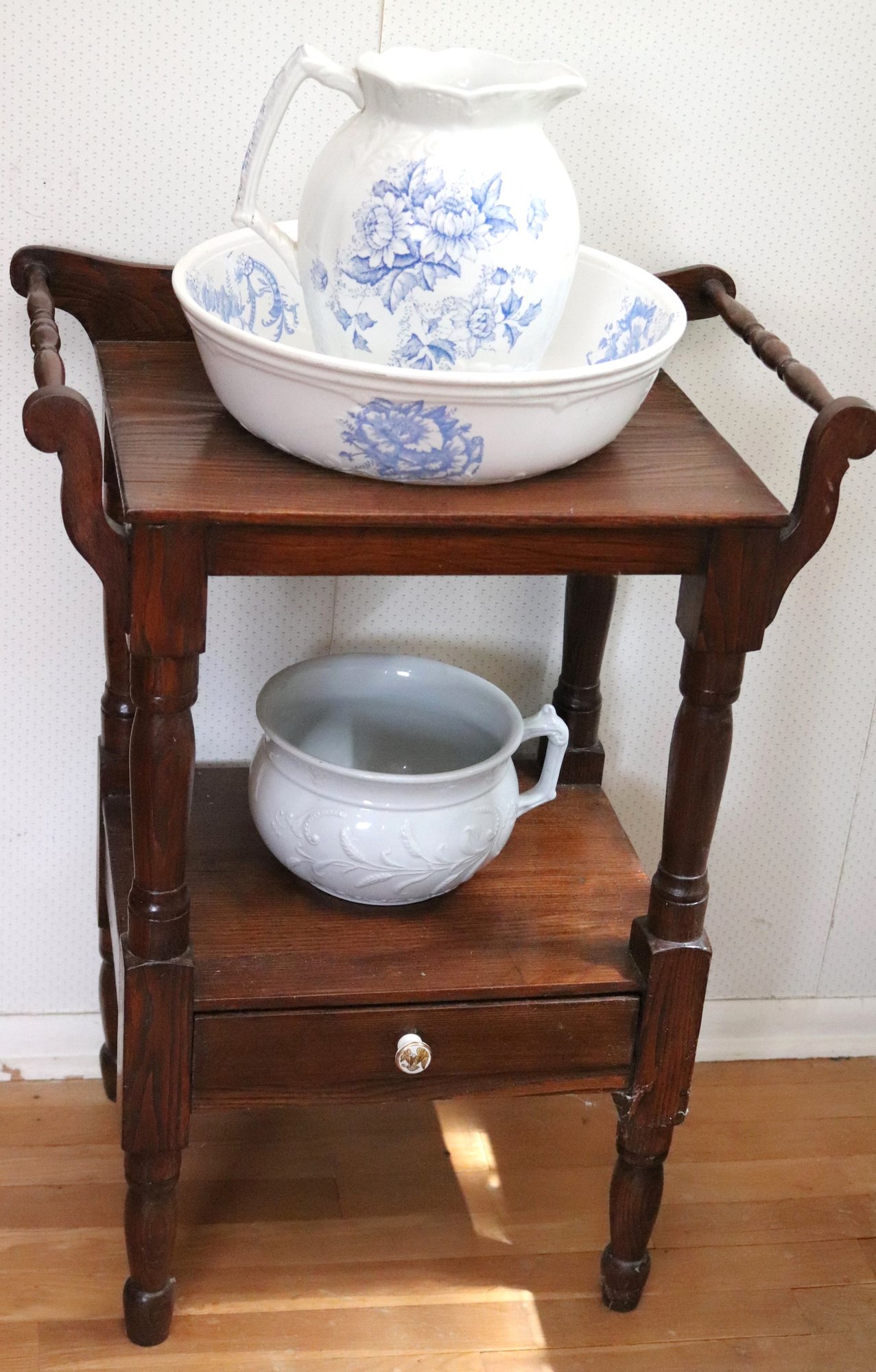 Vintage Pegged Wood Wash Basin With Dresden England Pitcher & Bowl ...