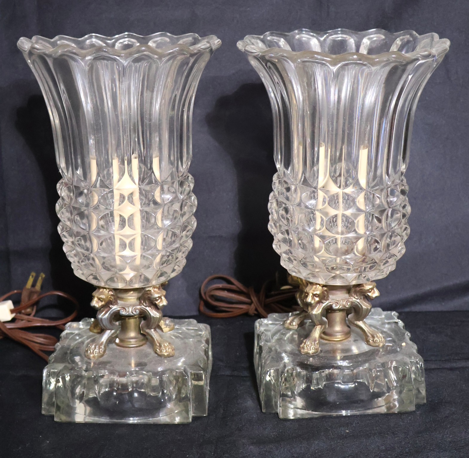 1950s Era Pressed Glass Torchiere Table Lamps With Lions Head Metal ...
