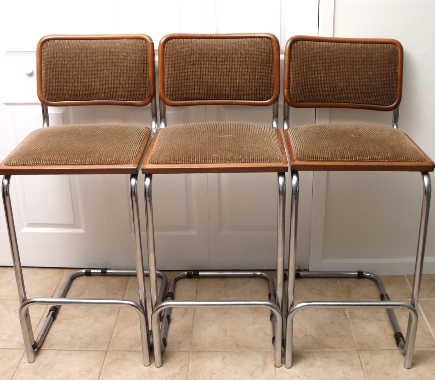 3 Vintage Stainless Steel Framed Wood Trim High Back Bar/Counter Stools ...