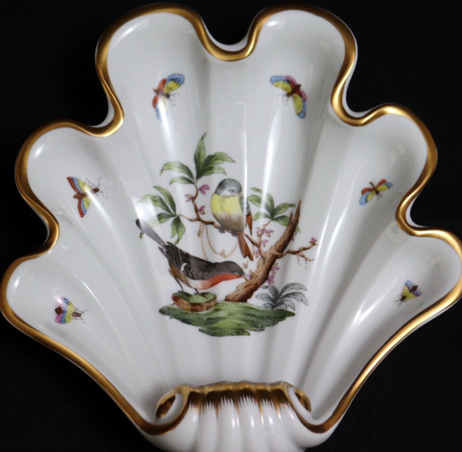Herend Rothschild Large Shell Dish With Florals & Birds Design & 24K ...