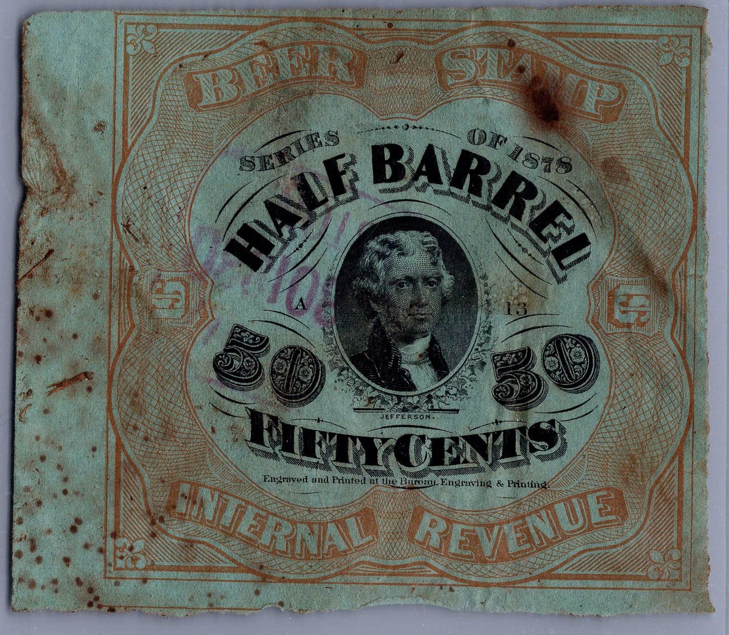 US Scott REA41E, 1878, Half Barrel Beer Stamp - 50 Cent - Damaged ...