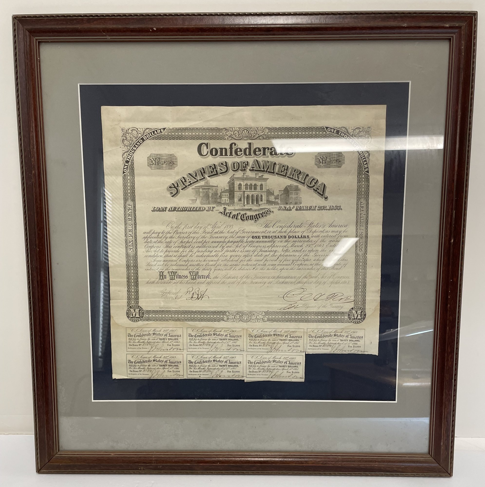 Framed Civil War Confederate States Of America Bond/Sotheby's COA ...