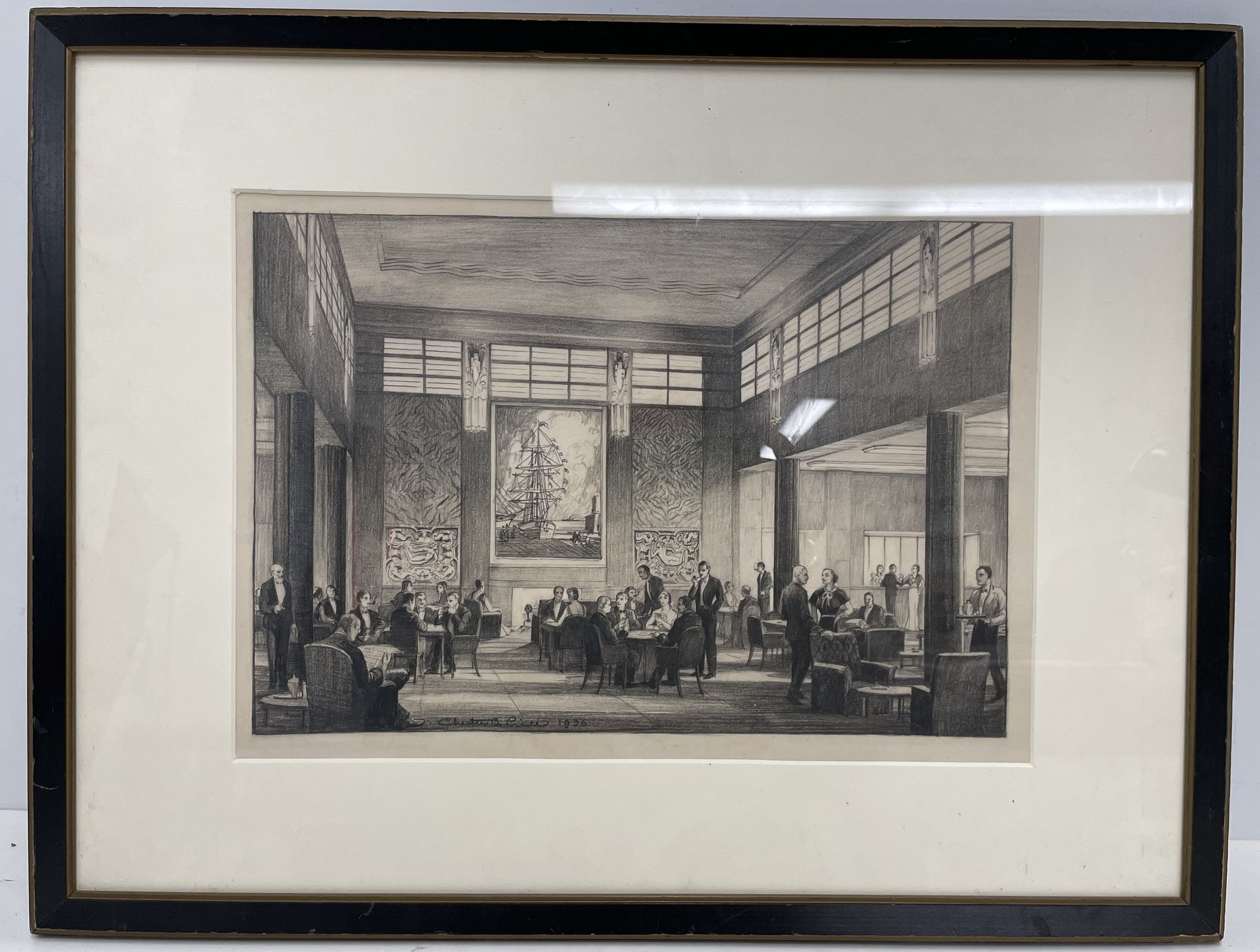 Framed CHESTER PRICE Etching THE CABIN SMOKING ROOM IN CUNARD WHITE ...