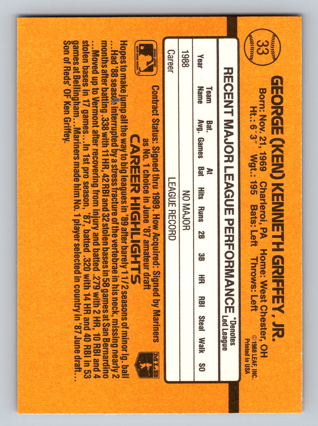1989 Donruss Baseball Ken Griffey Jr. Card #33 Ex-MT #26841 | Auctionninja.com