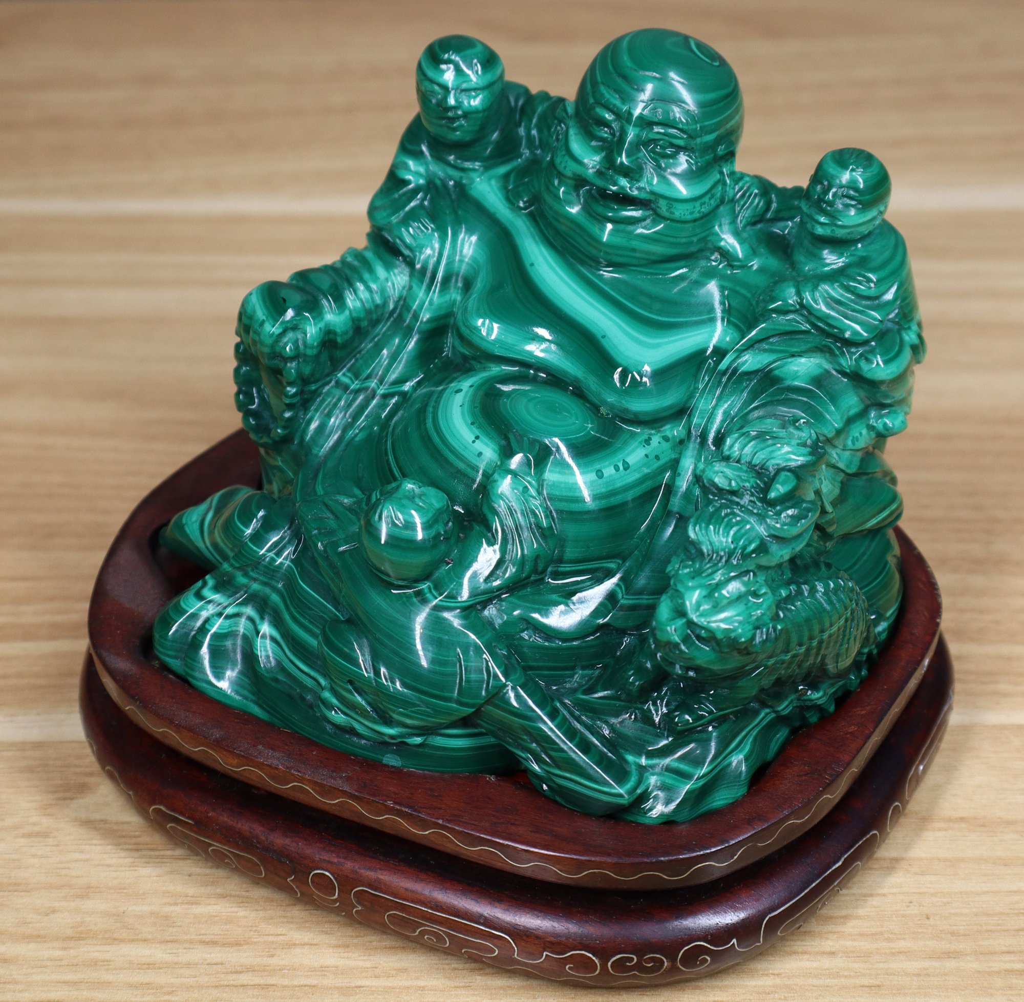 Chinese Carved Malachite Buddha Hotei On Rosewood Stand Budai Laughing ...