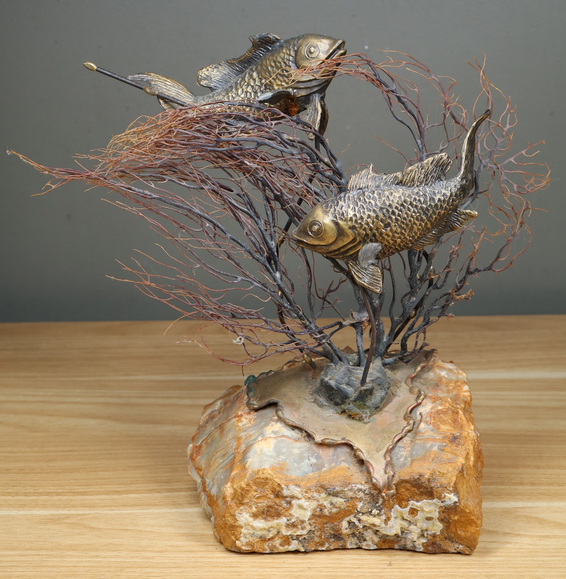Curtis Jere Sculpture Metal Fish With Seaweed On Stone Mount Mid ...